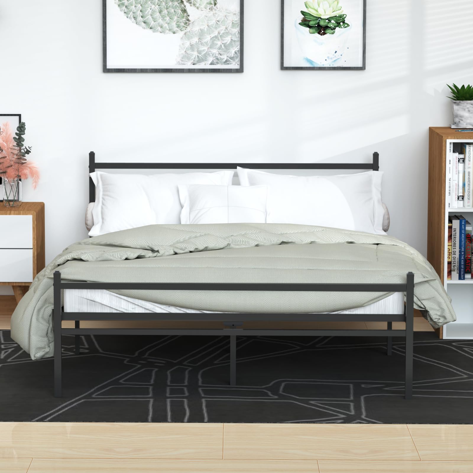 REGOSS Queen Bed Frame with Headboard, 11 Inch Heavy-Duty Metal Bed Frame with Storage and Anti-Slip Strap, Noise Free Bed Frames Features Sturdy Metal Slats, No Box Spring Needed, Easy Assembly