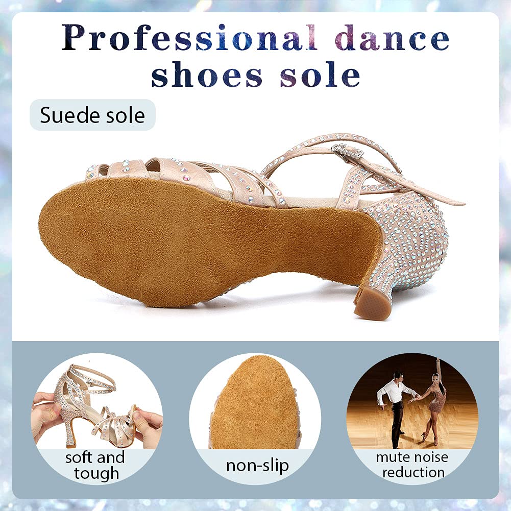 VCIXXVCE Women's Rhinestones Ballroom Dance Shoes Nude Suede Sole 3 Inch Heel Latin Salsa Bachata Performance Dance Heels,7.5 US