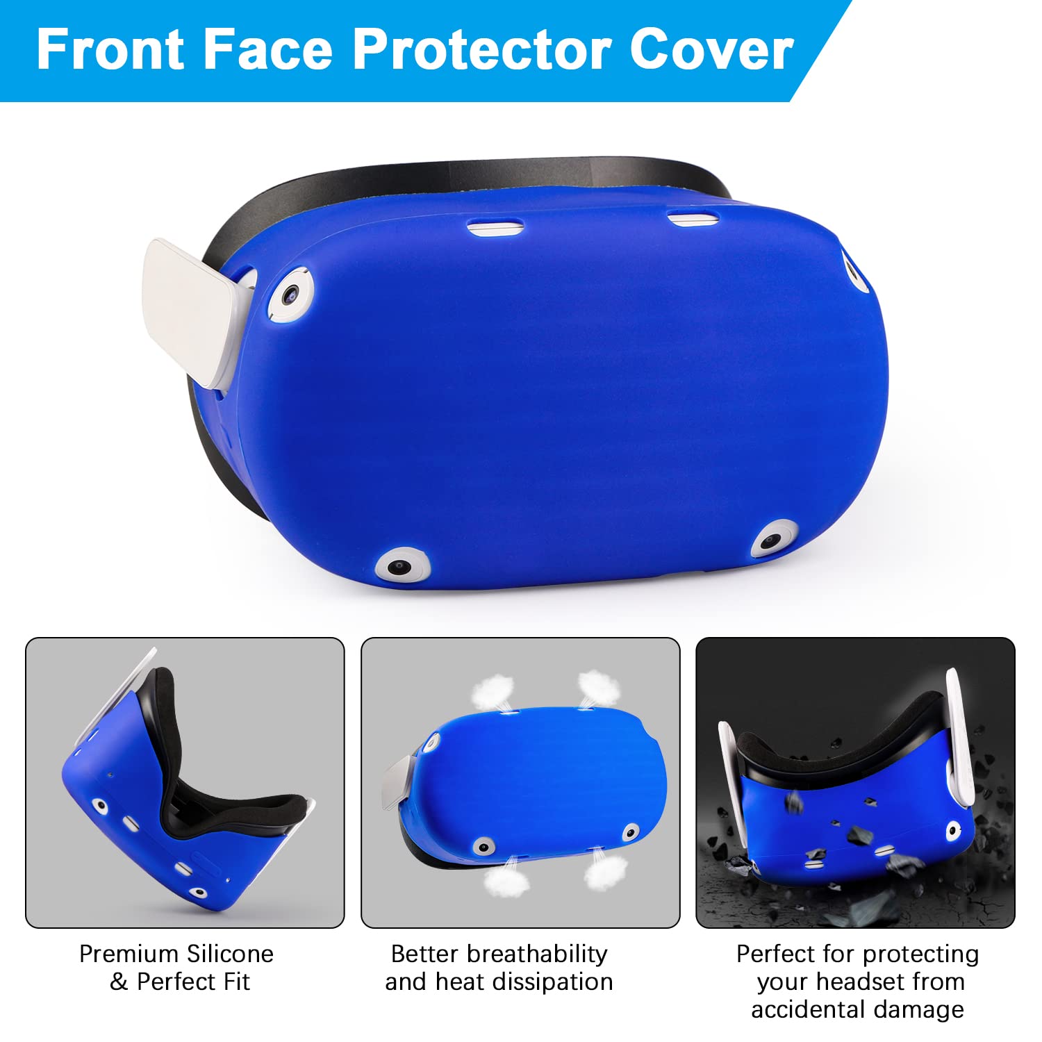 YIZEIJOB Silicone Cover Set Accessories for Oculus Quest 2, Quest 2 Front Shell Protector Cover, Controller Grips Cover, Lens Protective Cover, Anti-Throw Face Pad, 4PCS VR Bundle-Blue