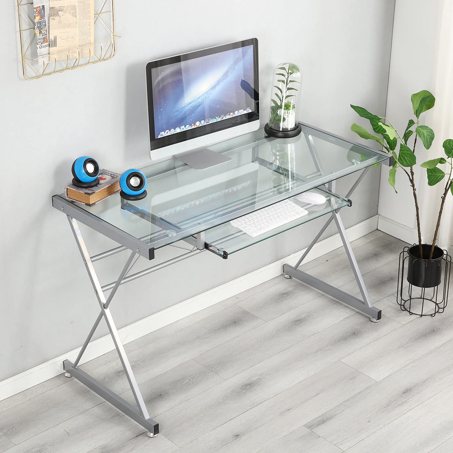 soges Computer Desk 47.2inch Glass Desk Workstation Office Desk with Pullout Keyboard Tray,Clear UT-093