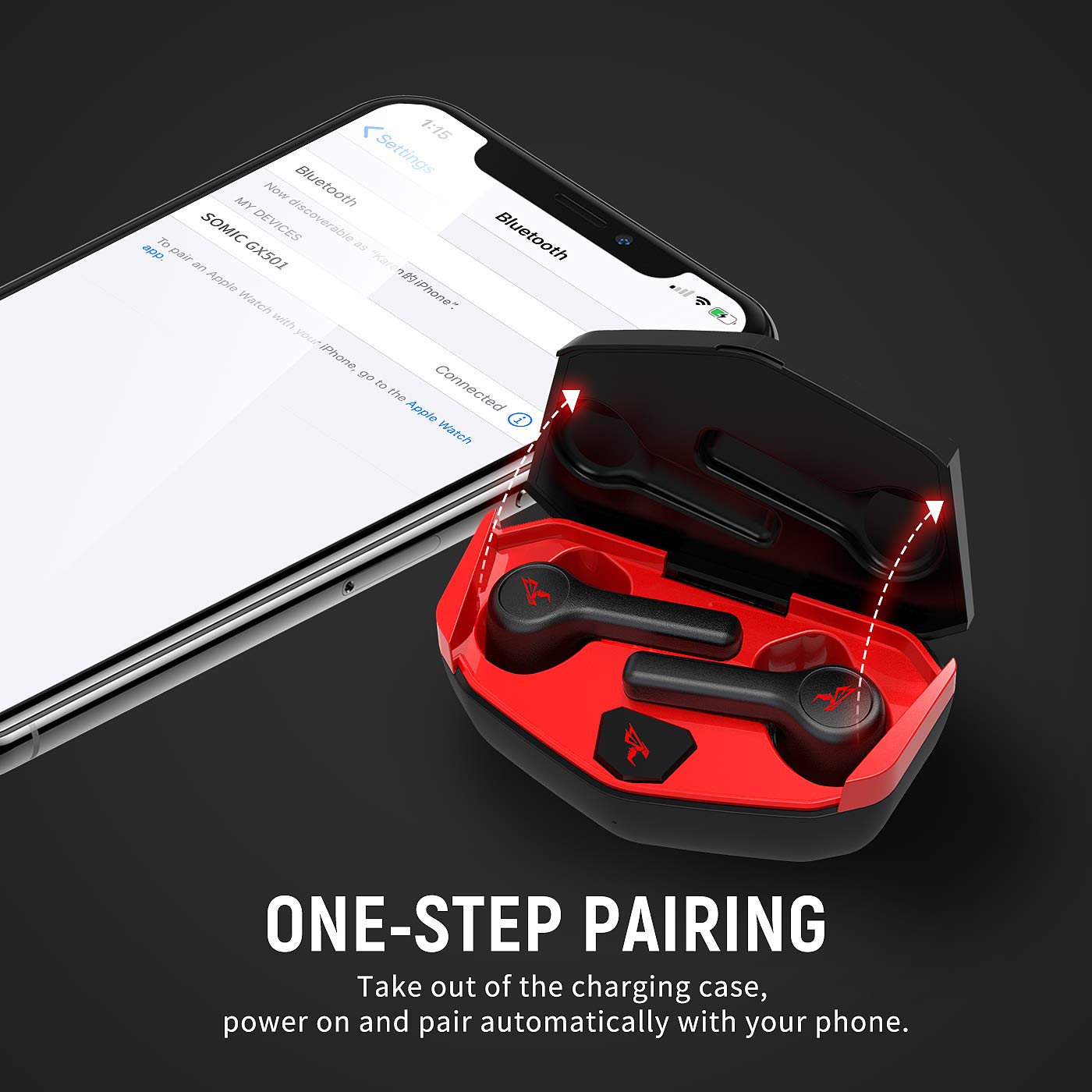 SOMIC Bluetooth 5.0 Wireless Earbuds with Charging Case, LED Light, Touch Control, 18H+ Playing Time, Immersive Sound Wireless Headphones in Ear Built in Mic Headset for Game/Video Mode GX501 Black