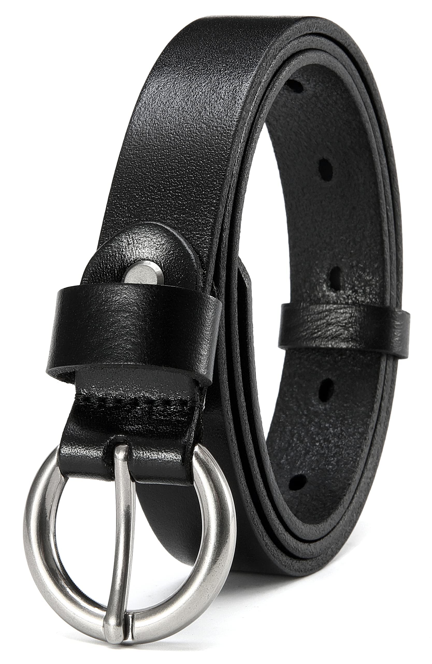 Womens Black Belts for Jeans Pants, CR Black Leather Belt Women Silver Buckle, 1" Width Ladies Black Belt for Dress