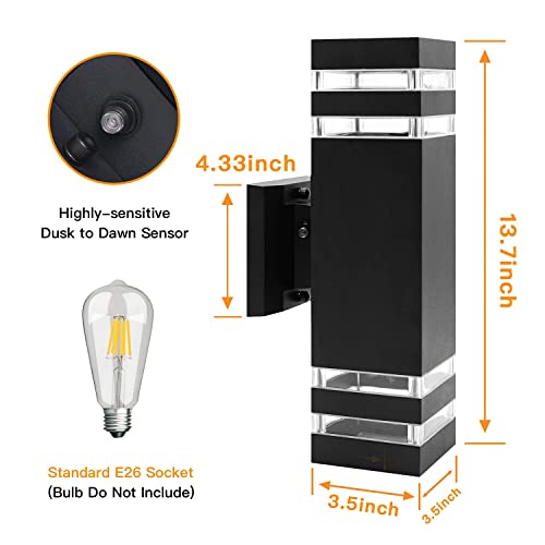 Tsiun Dusk to Dawn Outdoor Wall Lights, Exterior Light Fixture Up Down Sconces with E26 Socket, Waterproof Lamp Porch Lanterns Wall Mount, Anti-Rust Outside Lights for House, Patio, Garage, 2 Pack