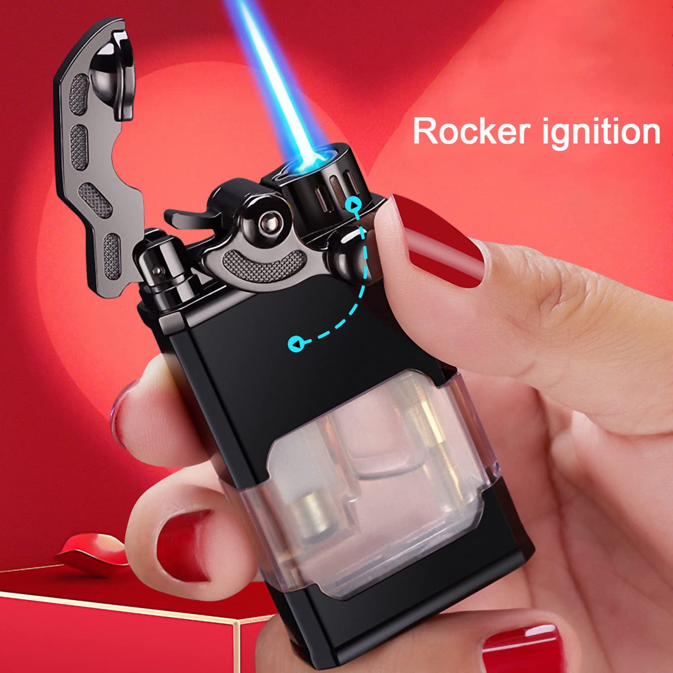 Rocker Arm Lighter, Butane Torch Lighter, Windproof Butane Fuel Lighters, Refillable Adjustable with Visible Window Jet Flame Lighters for Fireplace Candle Camping BBQ(Without Gas)