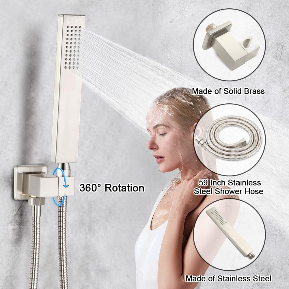 POP SANITARYWARE Ceiling Mount Shower Faucet Set Brushed Nickel Bathroom Luxury Rain Mixer 12 Inch Shower Head System with Handheld Single Handle Shower Trim Kit with Valve