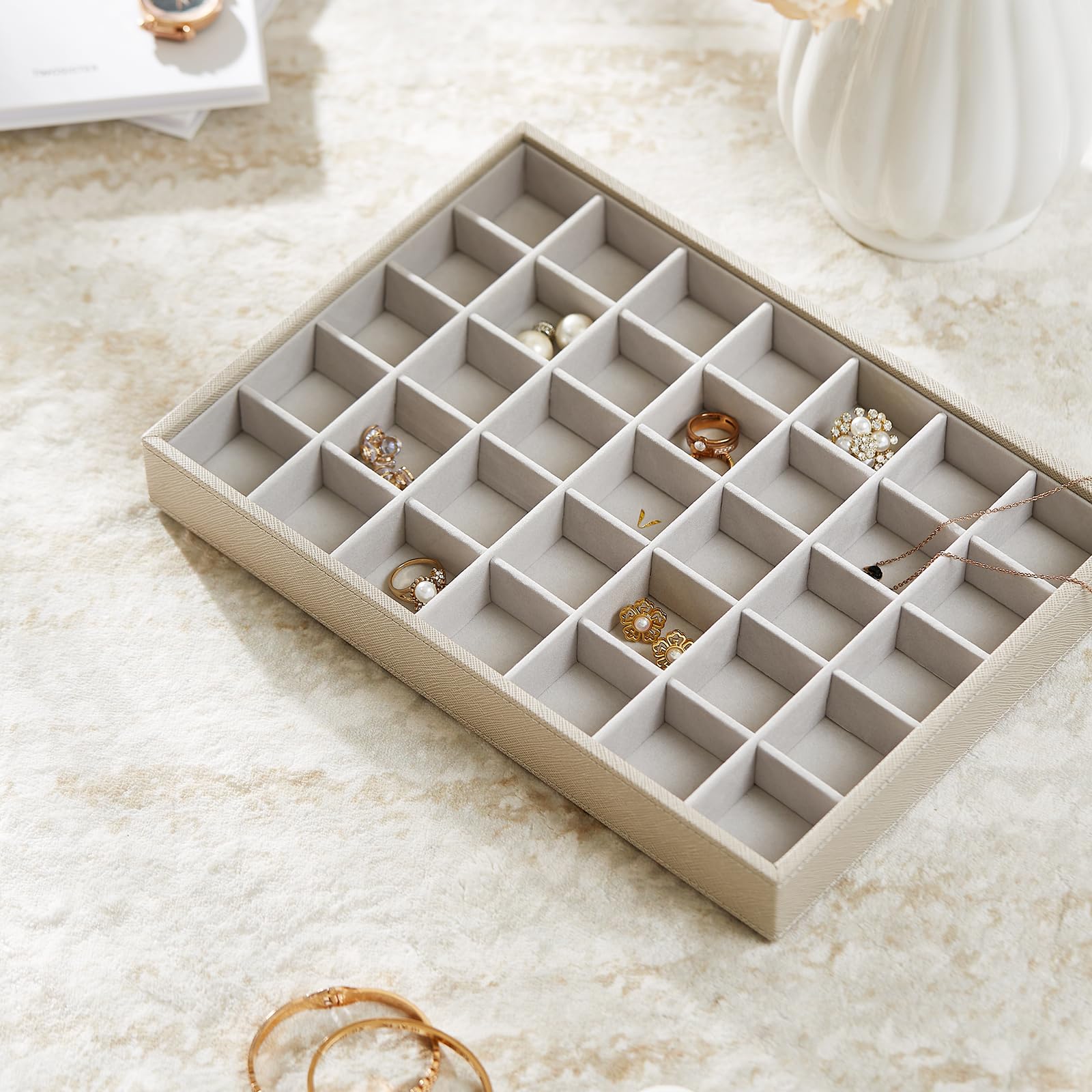 VEE&CO. Stackable Jewelry Organizer Trays for Drawers, Jewelry Drawer Inserts Container Display Case Storage for Earring Necklace Rings Bracelet with Removable Dividers
