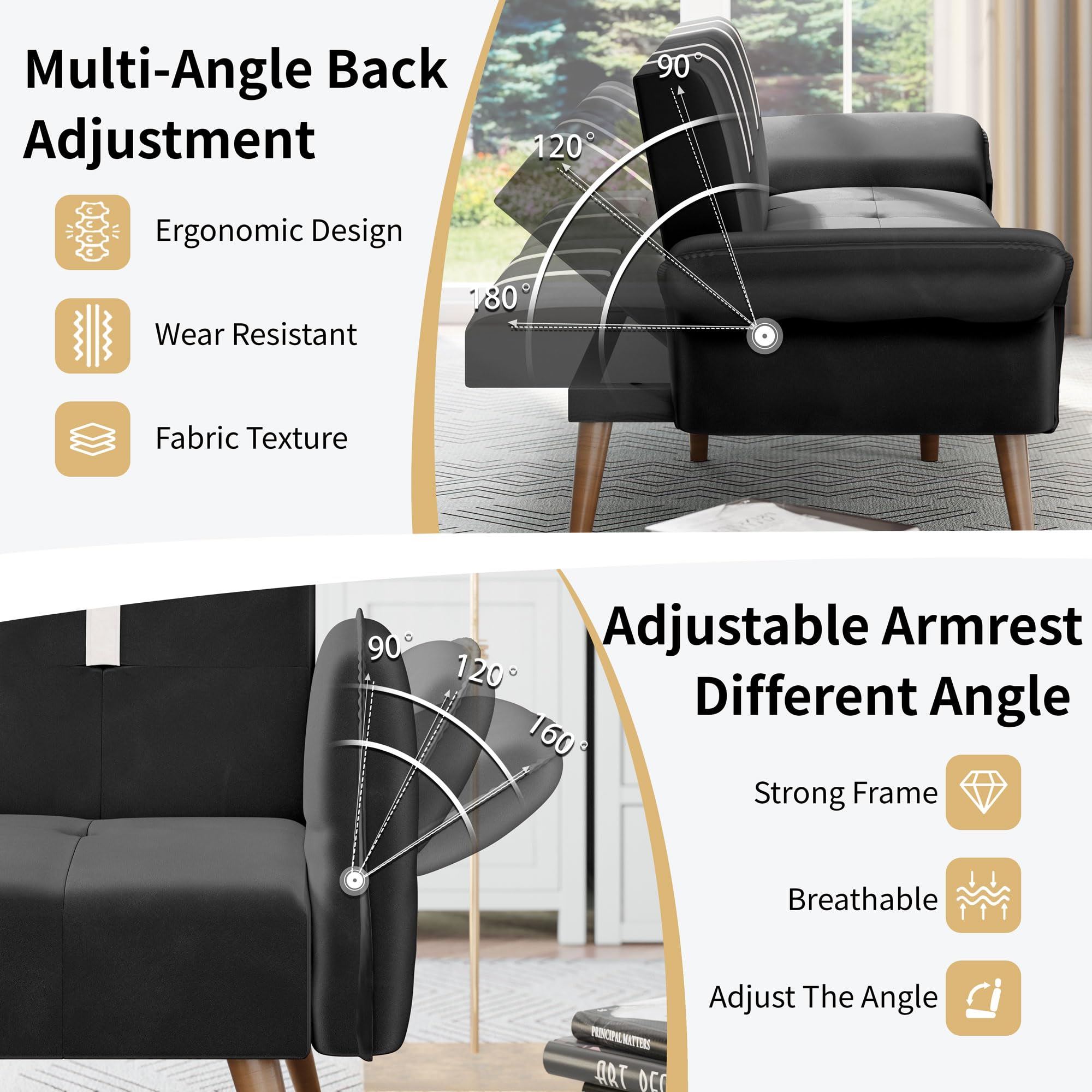 Shintenchi Futon Sofa Bed Modern Folding Sleeper Couch Bed for Living Room,Velvet Loveseat Sofa Couch Sofa cama for Apartments Office Small Spaces,w/Adjustable Armrests Backrest,Ivory White