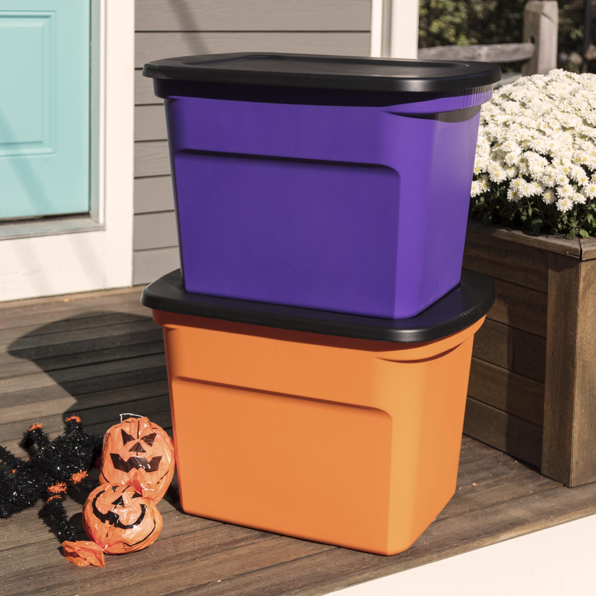 Sterilite 18 Gal Storage Tote, Stackable Bin with Lid, Plastic Container to Organize Halloween Decorations in Closet, Purple Base and Lid, 8-Pack