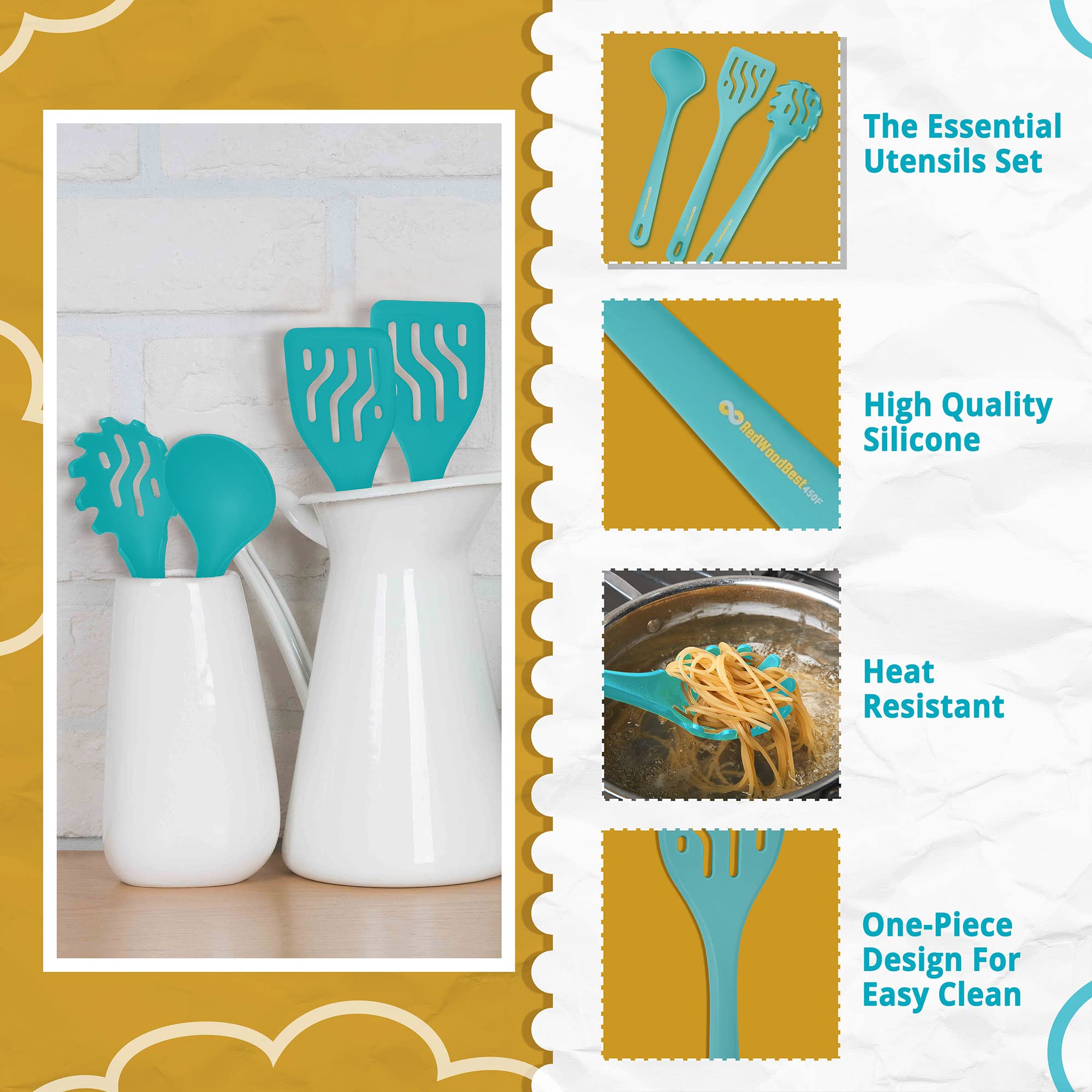 RedWoodBest Silicone Cooking Utensils Set - Make Warm Home-cooked Pasta with Our Silicone Utensils - BPA-Free Silicone Pasta Fork Laddle Turner 3pc Set - Safe for Teflon (Teal Color)