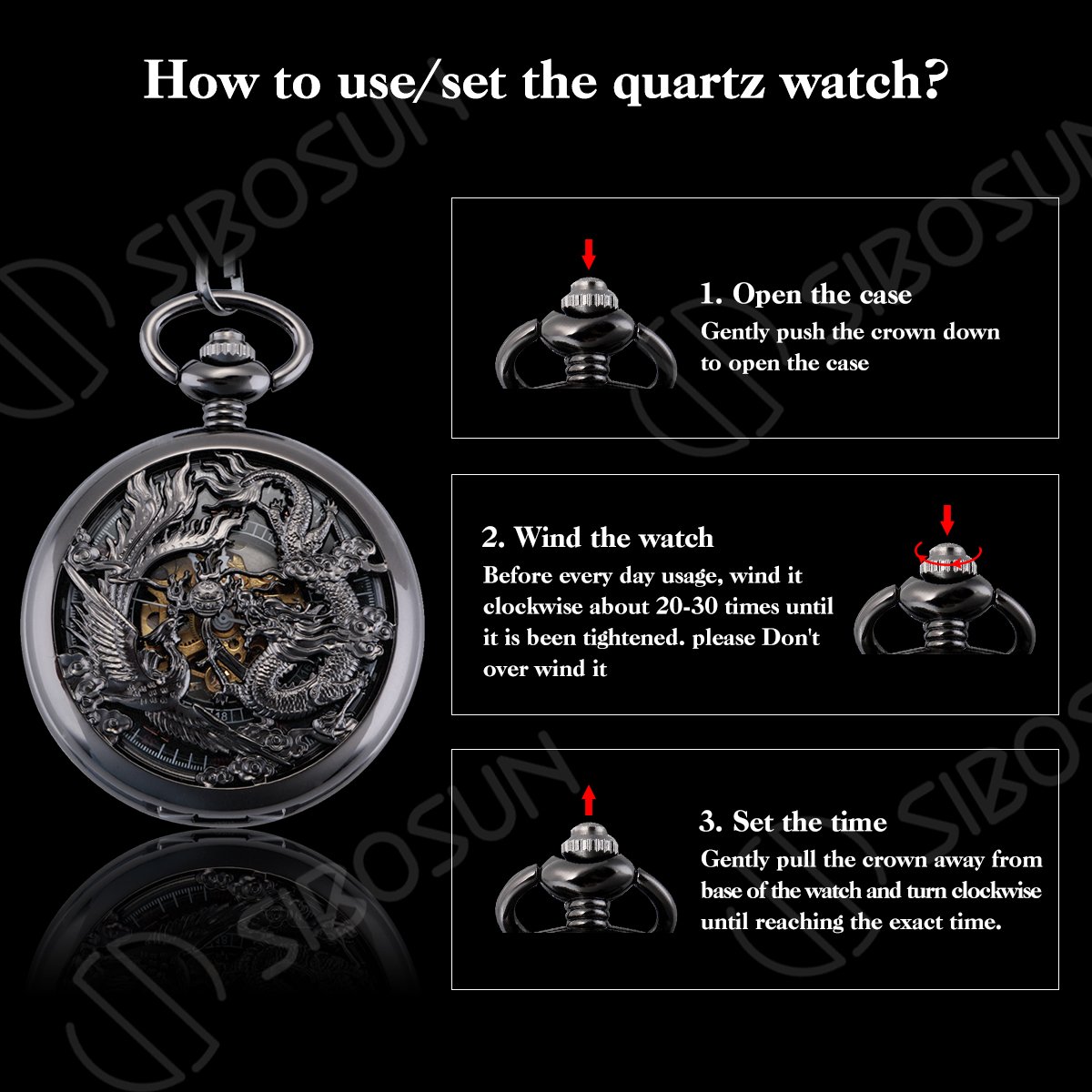 SIBOSUN Mechanical Pocket Watches Mens Lucky Phoenix and Dragon Skeleton Pocket Watch Black Antique Roman Numerals Box
