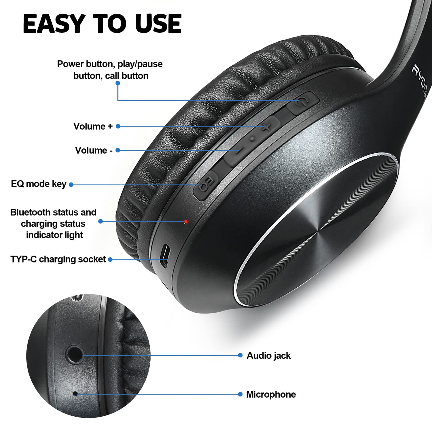 Rydohi Bluetooth Headphones Over Ear, 68H Playtime and 3 EQ Music Modes Wireless Headphones with Microphone/Deep Bass, HiFi Stereo Foldable Lightweight Headset for PC Home Travel Office (Black