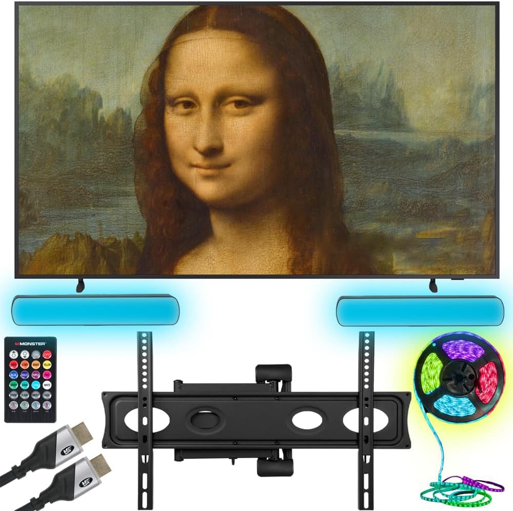 SAMSUNG QN43LS03BA 43 inch The Frame QLED 4K UHD Quantum HDR Smart TV Bundle with Monster TV Full Motion Wall Mount for 32"-70" with 6 Piece Sound Reactive Lighting Kit