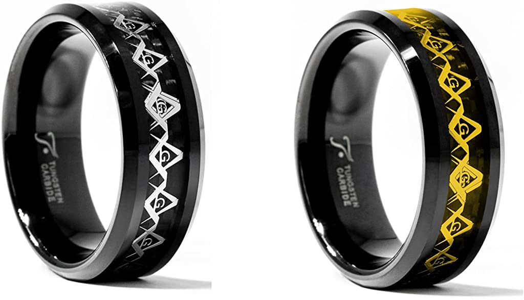 Tioneer 8mm Tungsten Carbide Freemason Masonic Inlaid Silver/Gold Styles Wedding Band Ring (Personalize with Custom Engraving) (Size 8-13) (Silver, 10)