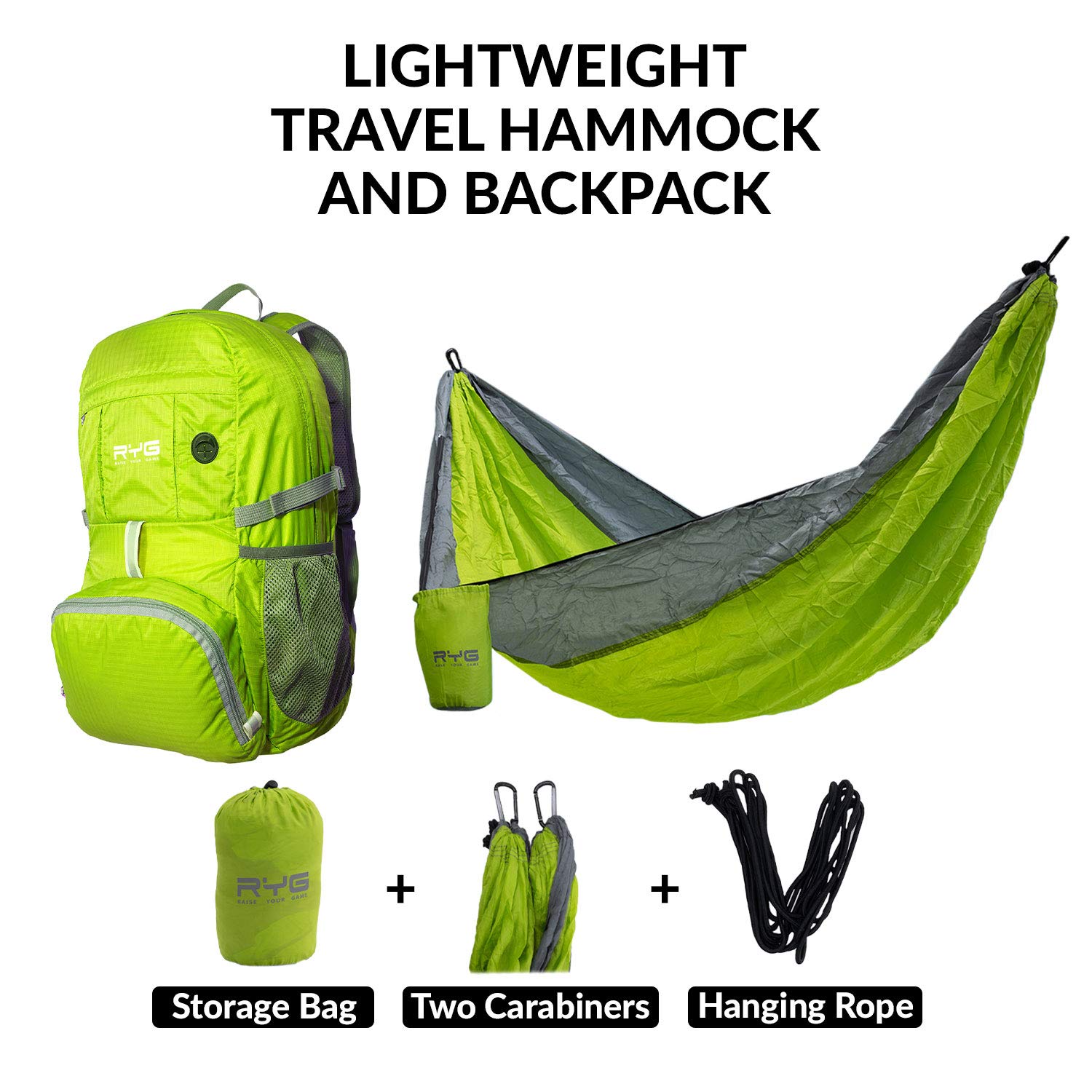 RYG Lightweight Packable Daypack Backpack with Portable Hammock Set for Camping Travel and Outdoor Hiking Day Trips (Neon Green)