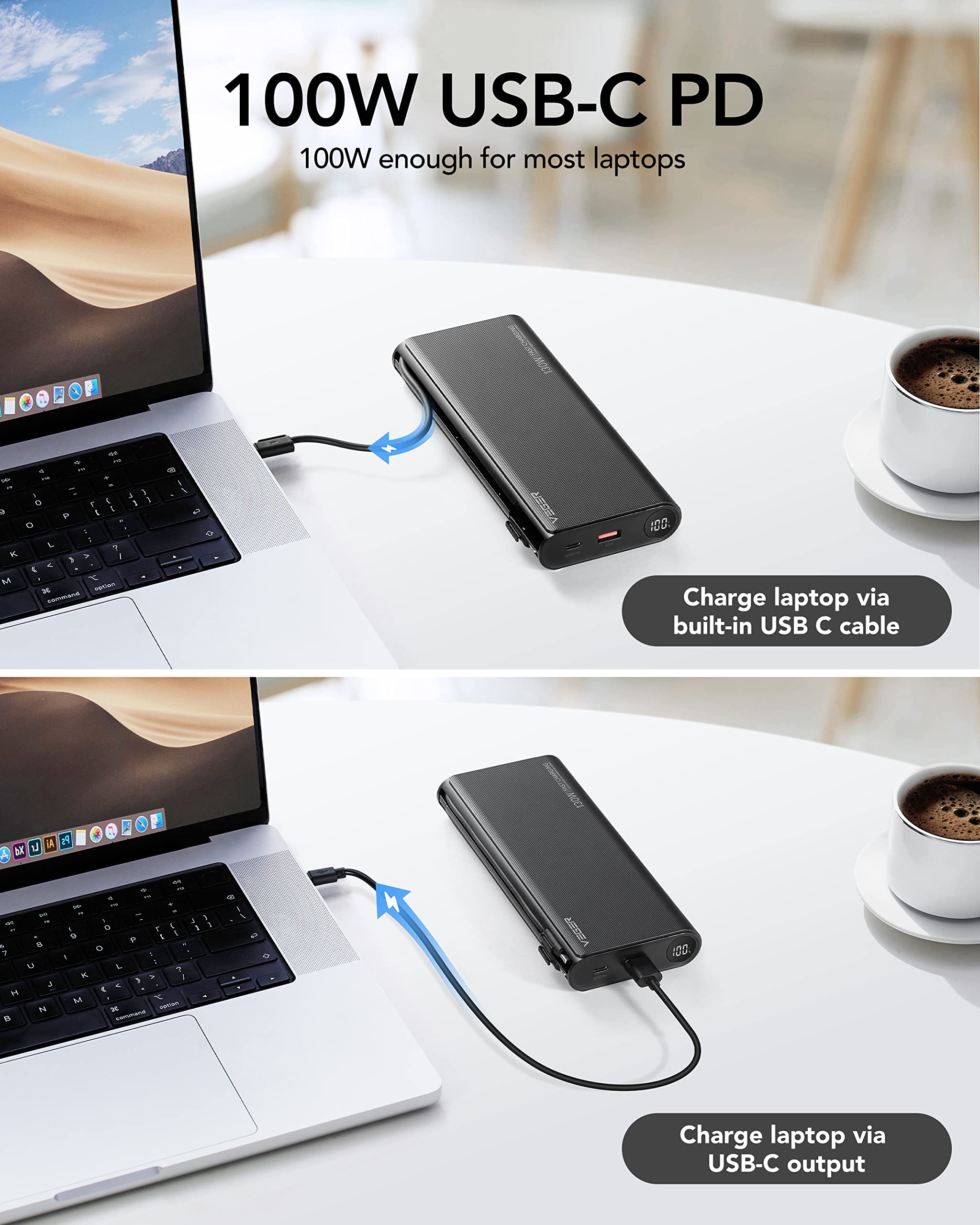 VEGER 25000mAh Portable Laptop Charger with Built-in Cables, Laptop Power Bank 100W PD/PPS Fast Charging Battery Pack (Total 130W) for MacBook Dell XPS iPad iPhone 14/13/12 Series, Samsung, More
