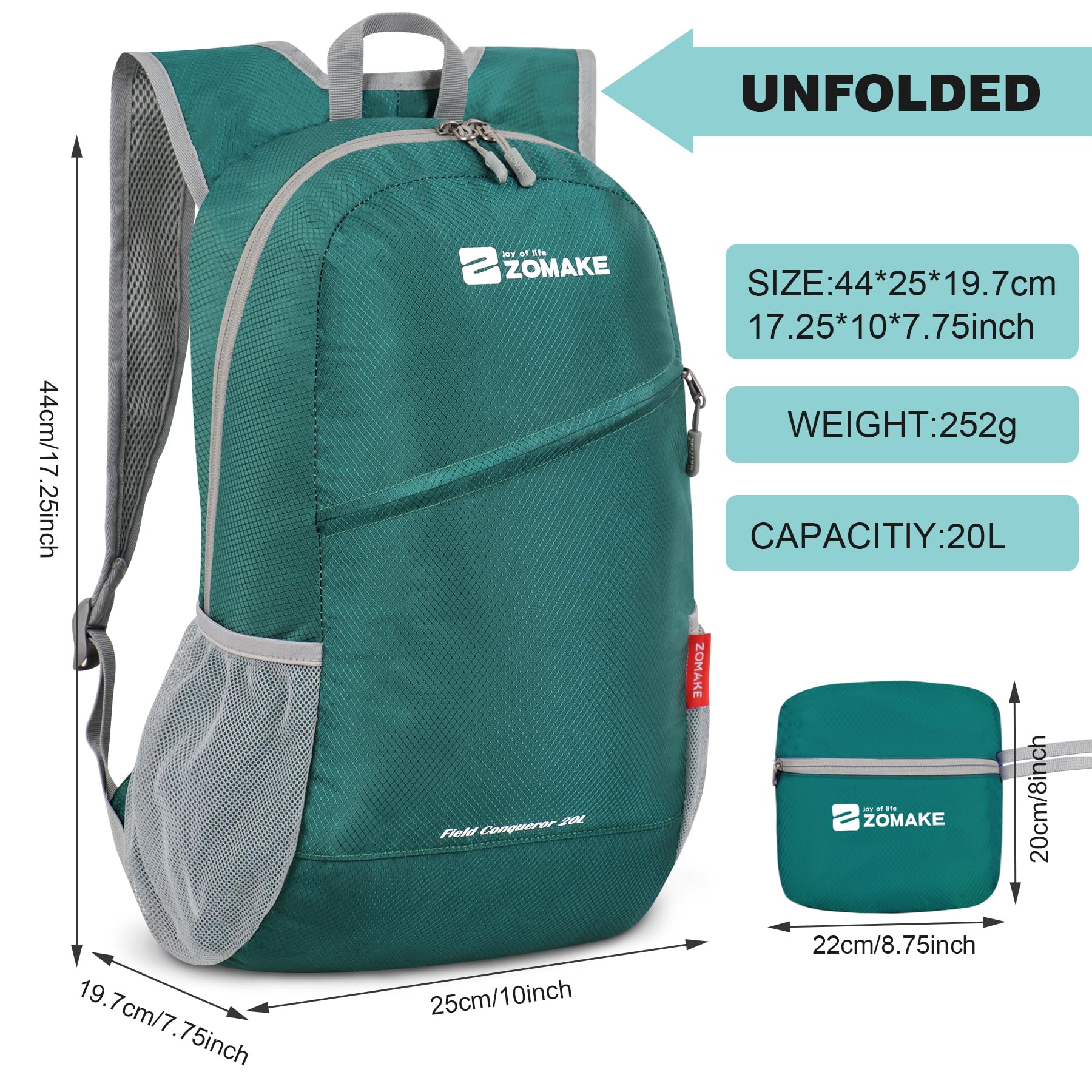 ZOMAKE Lightweight Packable Backpack 20L - Foldable Backpack Small Daypack Hiking Backpack Water-Resistant Day Bag for Travel(Olive green)