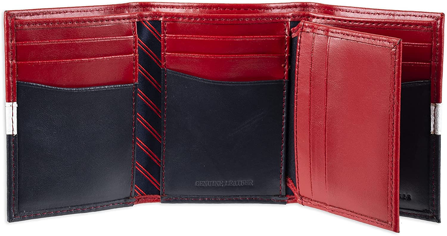 Tommy Hilfiger Big Skinny Wallet - Leather Wallets for Men Slim Thin Trifold with RFID Blocking Security and ID Window, Red/White/Blue, One Size