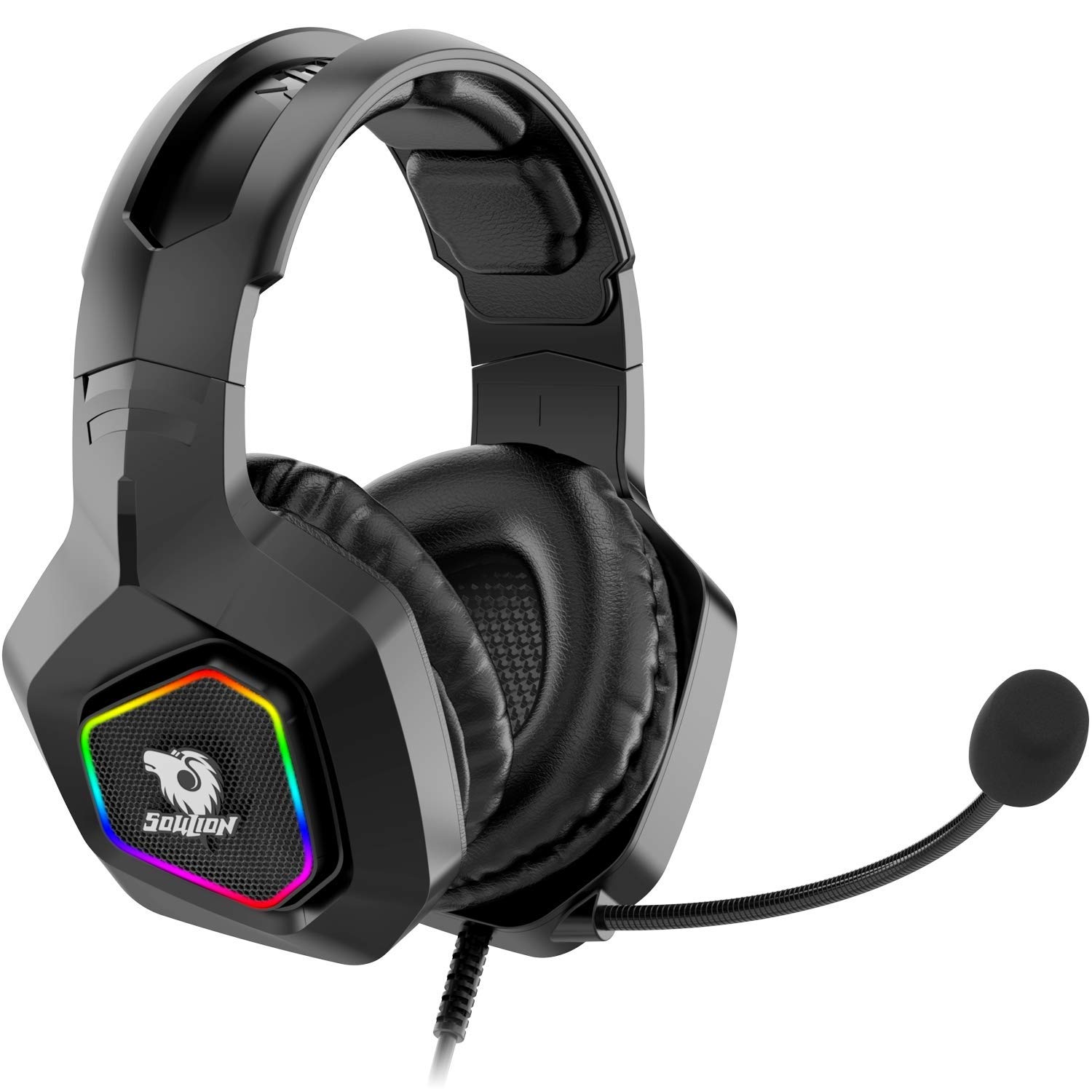 SOULION Tracer 30 PC Gaming Headset, Virtual 7.1 Stereo Surround Sound Headphones with Noise Cancelling Microphone, RGB Lights, USB Plug for Laptops Computers
