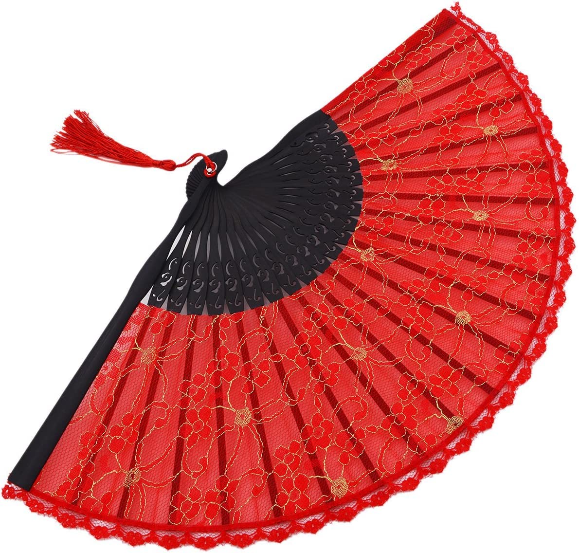 Womens Multi Color Handmade Cotton Lace Folding Hand Fan (Black-A) (Red-a)