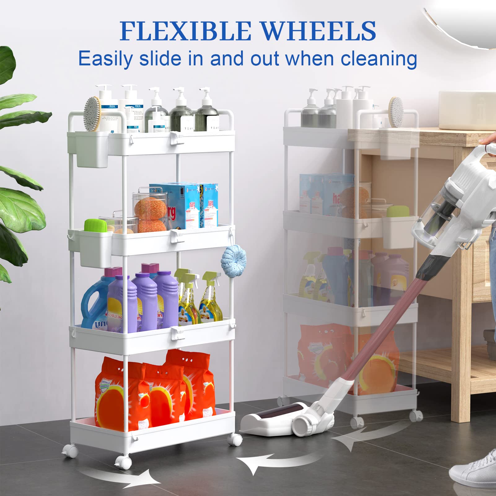SOLEJAZZ Rolling Storage Cart, 4 Tier Laundry Room Organizer Bathroom Storage Carts, Mobile Storage Shelves with Brake Wheels, Utility Cart for Apartment Bedroom Office Garage, Kitchen, White, 2 Pack