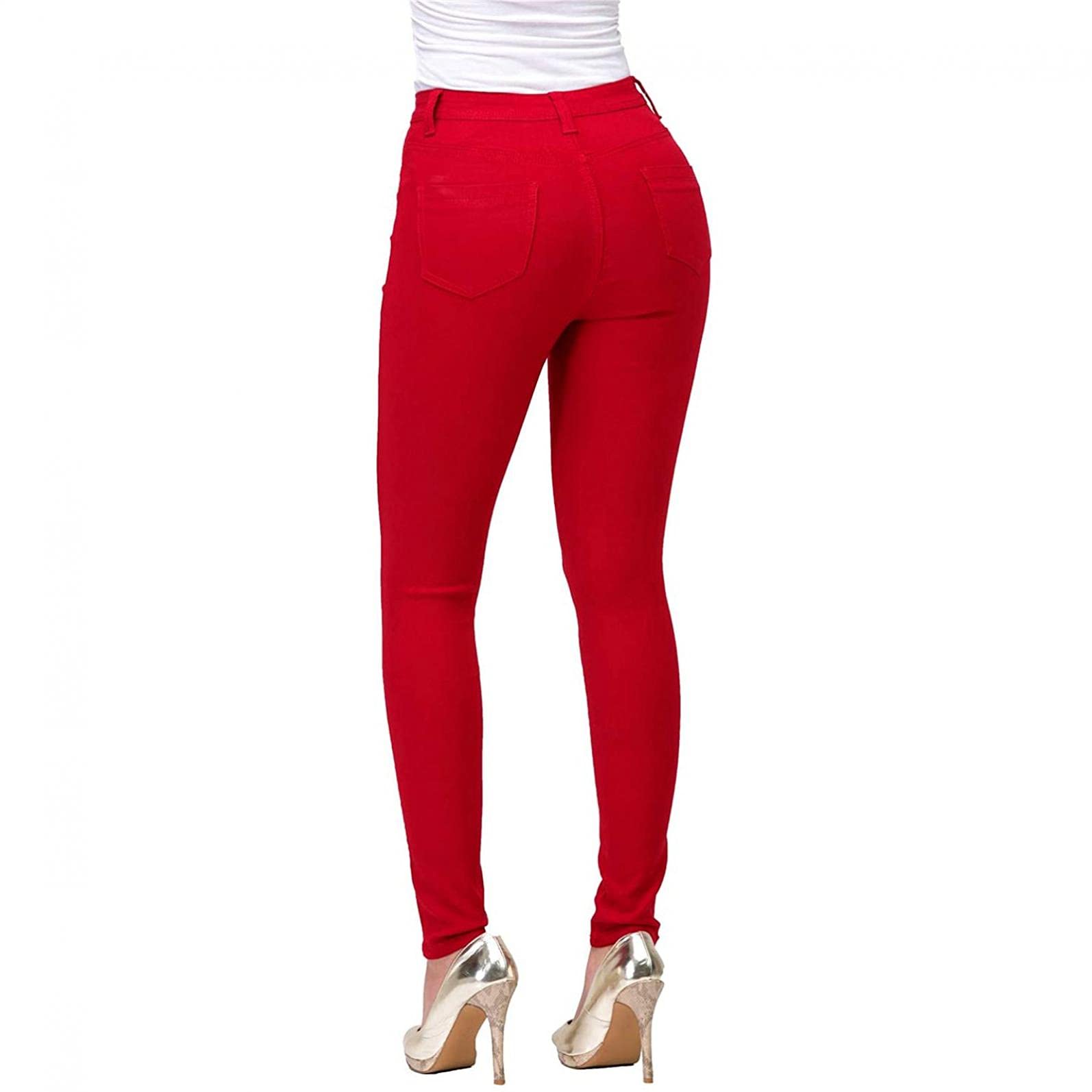WUAI-Women Capri Jeggings High Wasit Pull-On Stretchy Slim Fit Skinny Jeans Denim Pants Slimming Leggings with Pockets(Red,Medium)
