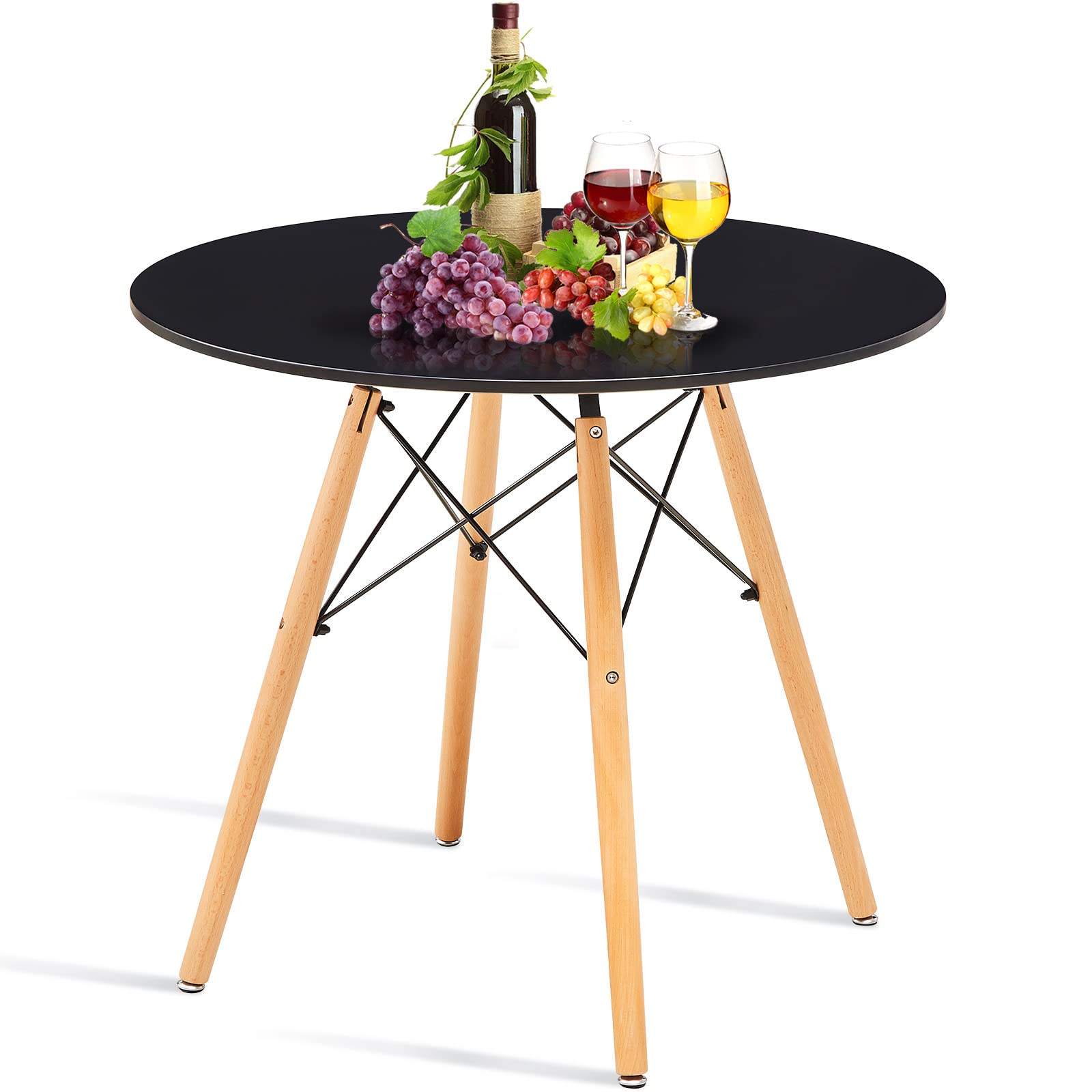 Round Dining Table Small Black Kitchen Table Mid Century Modern Circle Dining Room Table 31.5" with Wooden Legs for Small Spaces Dinner