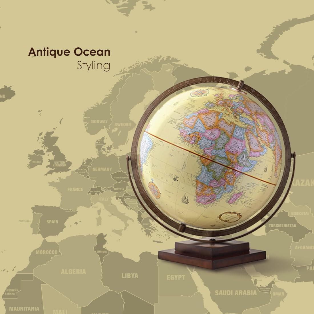 Replogle Globes Revolution Globe - 12 inch Antique Style Globe with Stand - Current & Updated with 1000's of Locations - Gyromatic Full Swing Movement - Decorative World Globe for Home & Office