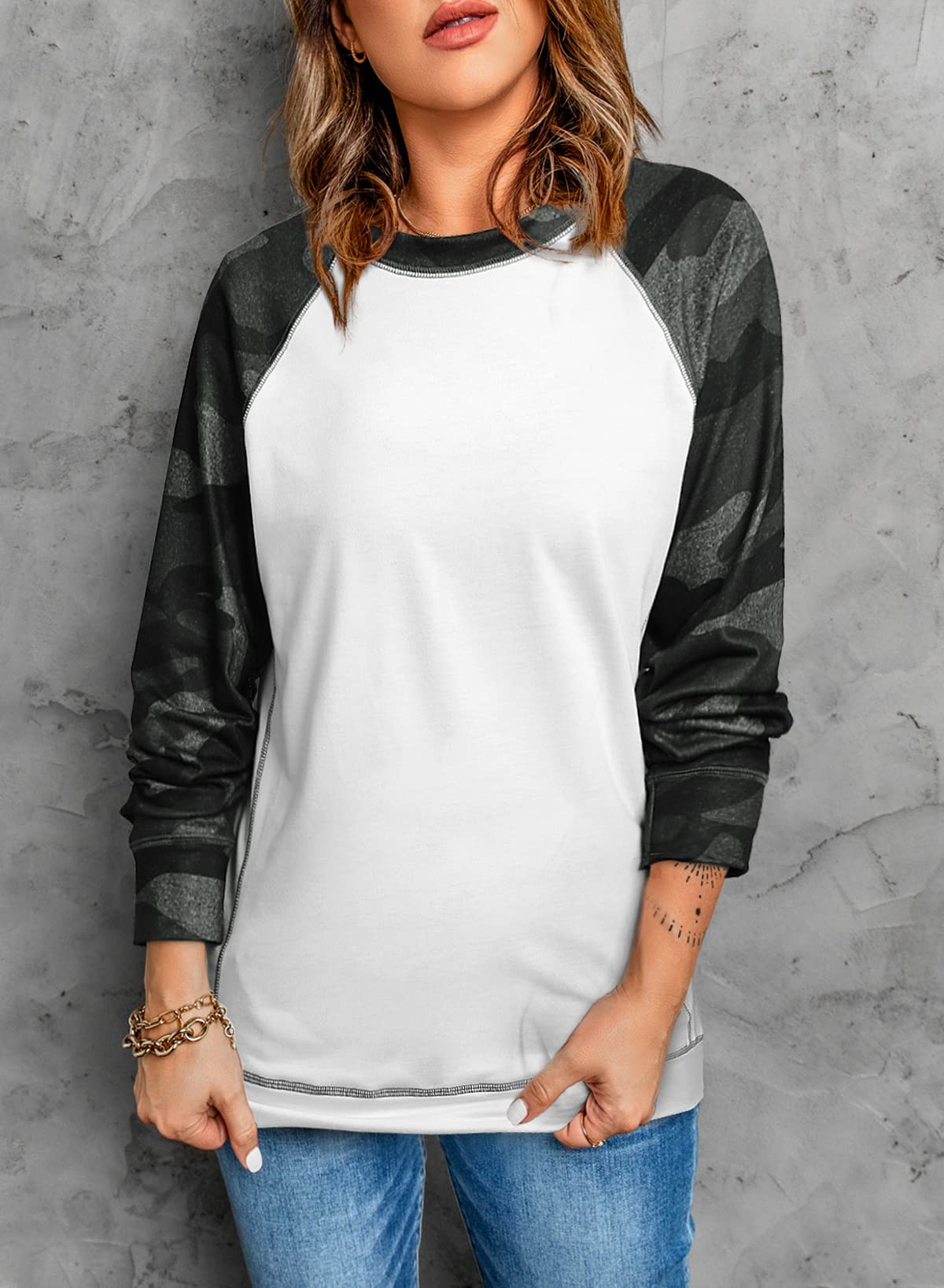 Sidefeel Women Crewneck Pullover Camo Print Sleeve Sweatshirt Jumper Top Small White