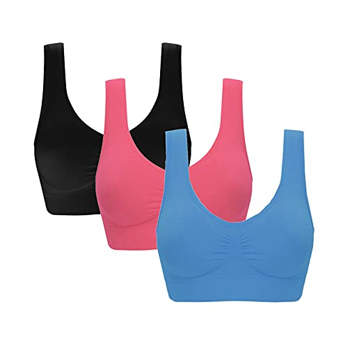 Womens Plus Size Seamless Padded Sports Bra Full-Coverage Bra Pullover Wirefree Running Yoga Tank Bra Pack of 3, Multicolor, 3X-Large