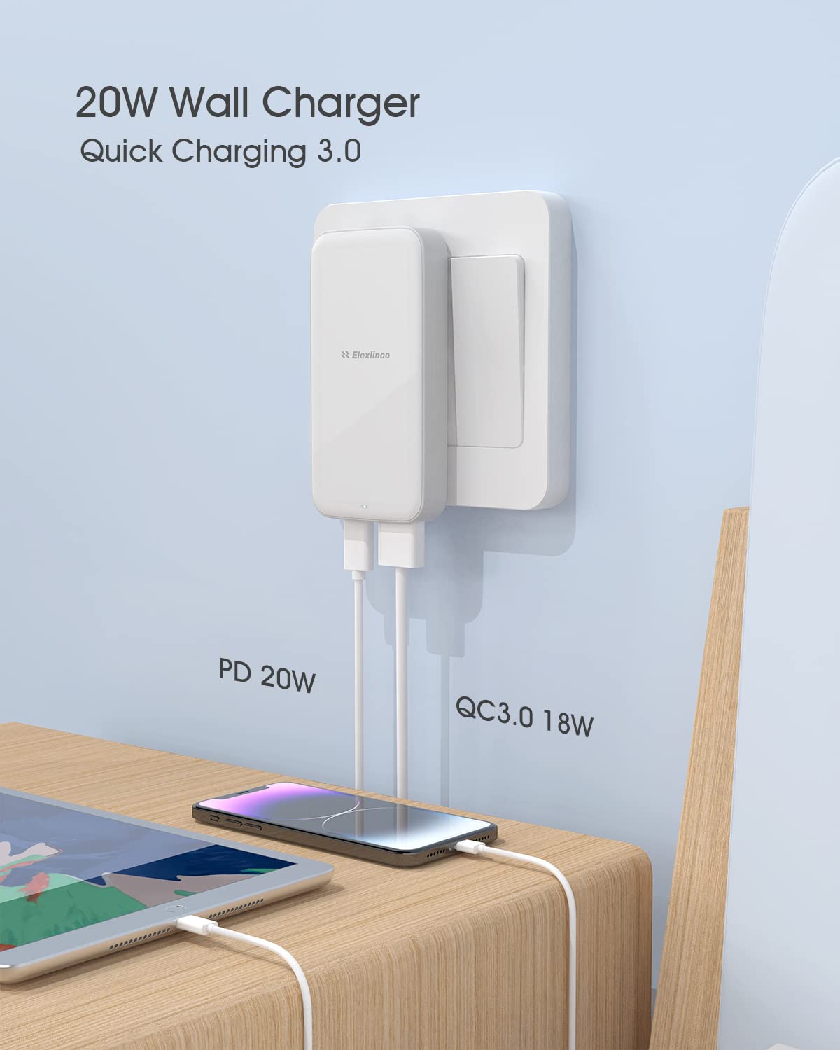 USB Wall Charger, USB C Fast Charger, Elexlinco Dual USB Wall Charger with Apple 20W Charge and QC 3.0 18W USB-A,USB C Wall Adapter for Apple 14 13 12 11, Samsung, Foldable Plug Charger