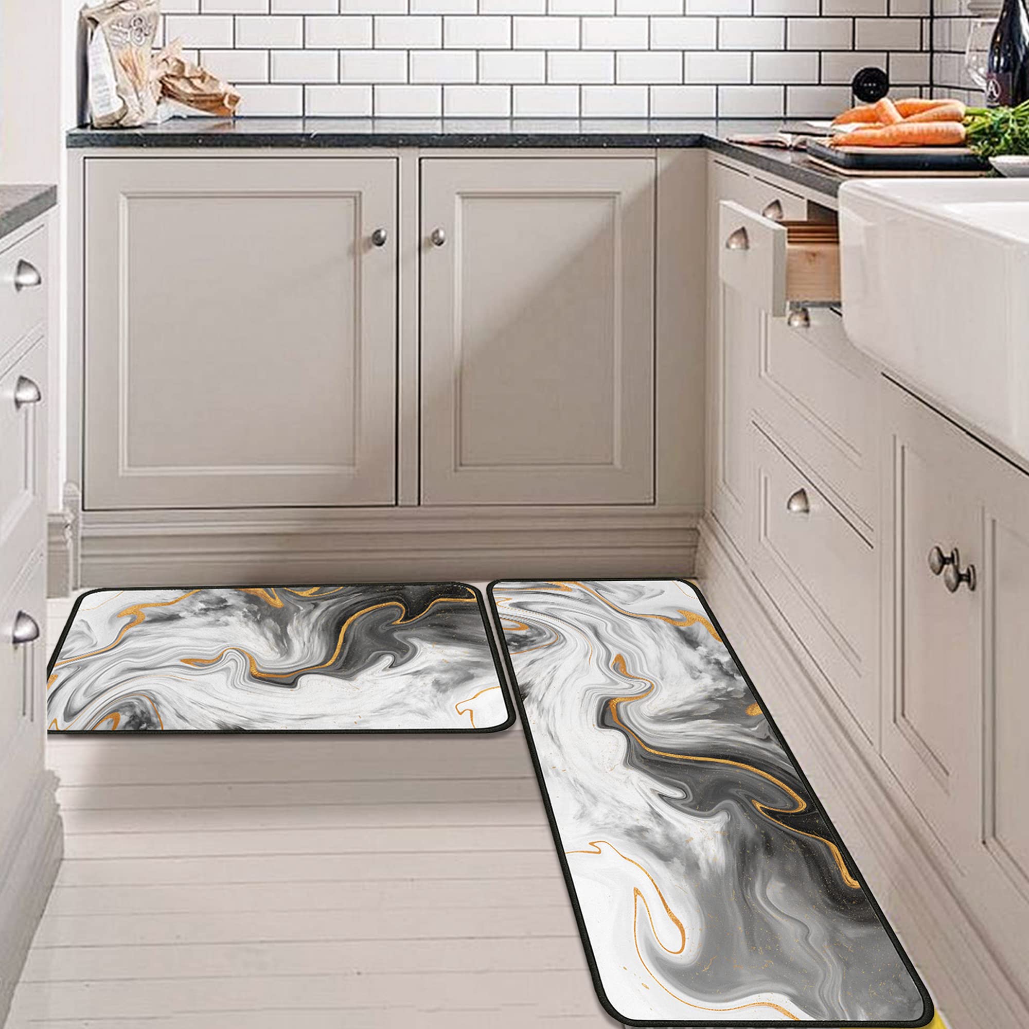 White Marble Kitchen Rugs and Mats Non Skid Washable Absorbent Stain Resistant,Durable and Easy to Clean,Kitchen Rug Set of 2 Marble Kitchen Deco 17"x47"+17"x30"