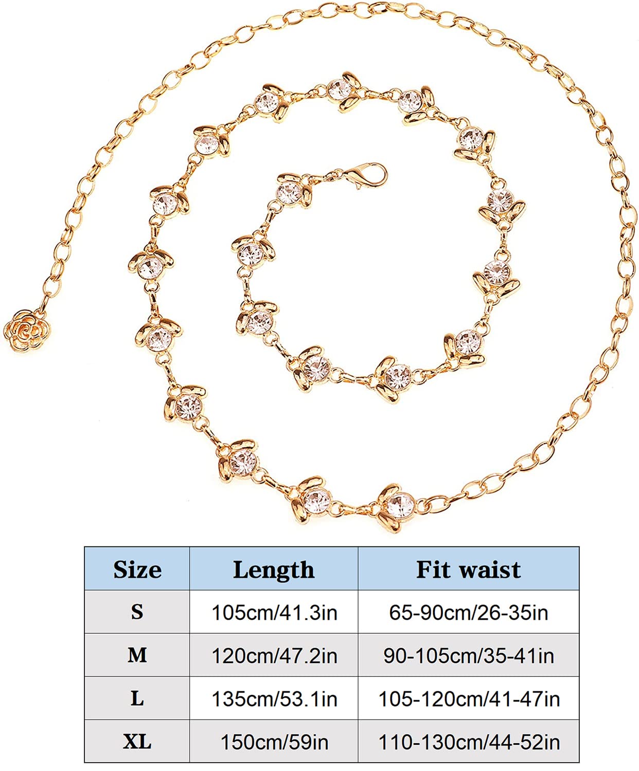 Suyi Gold Chain Belts for Women Rhinestone Waist Chain for Dress Plus Size 135CM Gold