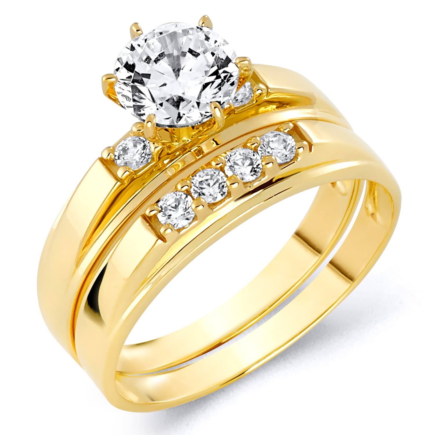 TWJC Ladies 14k Yellow Gold Engagement Ring and Wedding Band Bridal Set - Size 6 (RG222EB)