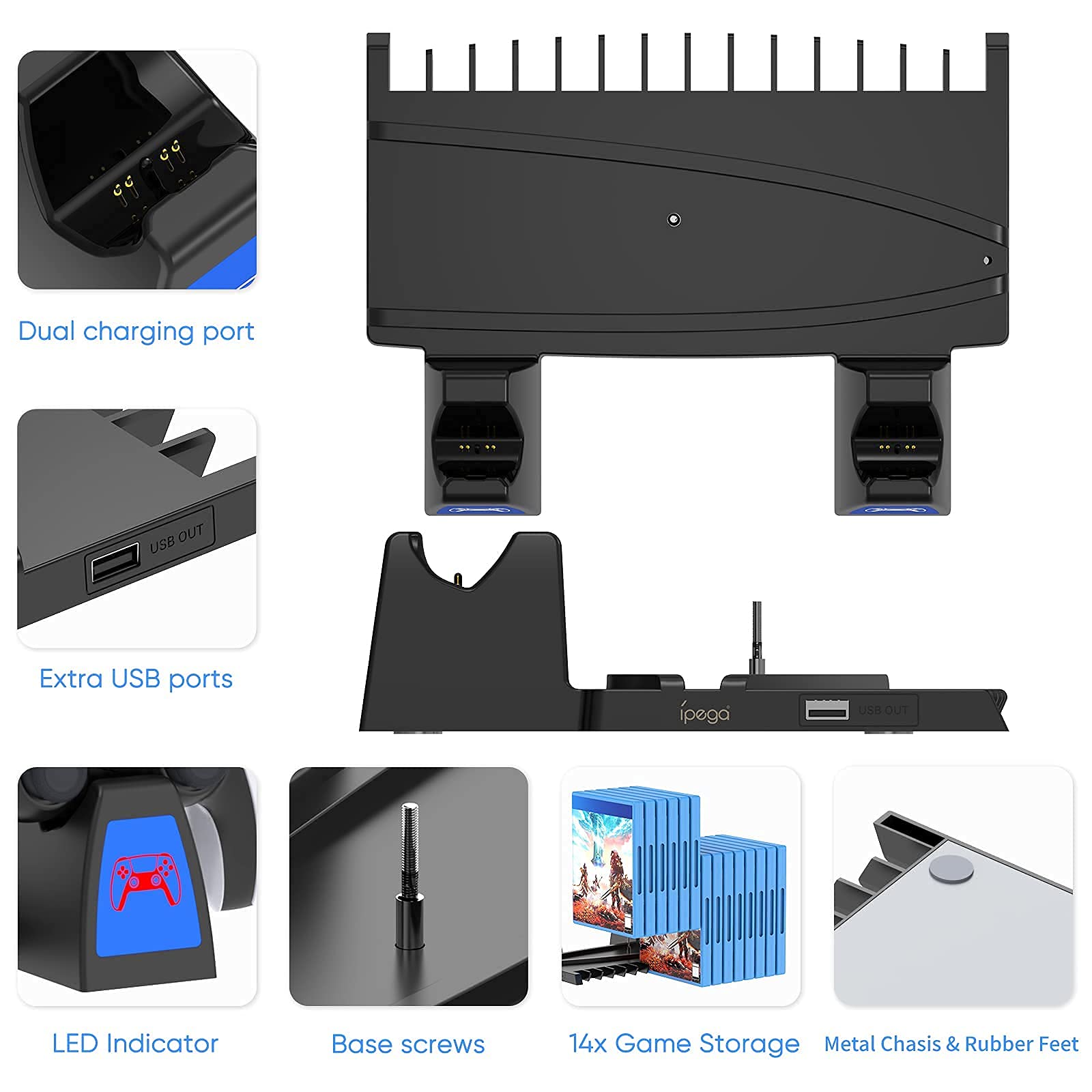 Vertical Stand Cooling Fan for PS5 - Dual Controller Fast Charger Station Detached Cooling Fan w/Headset Holder - 2in1 Triple USB Cooler Fan Fast Charging & 2 USB Port, for PS5 DE&UHD DualSense
