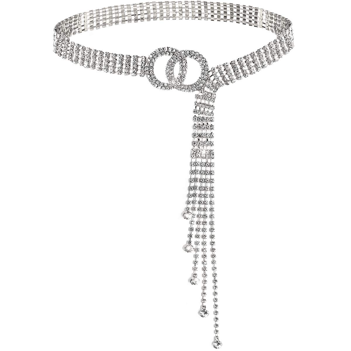 Suyi Silver Crystal Waist Chain for Women Rhinestone Chian Belts O-Ring Chain Gift Silver 120CM