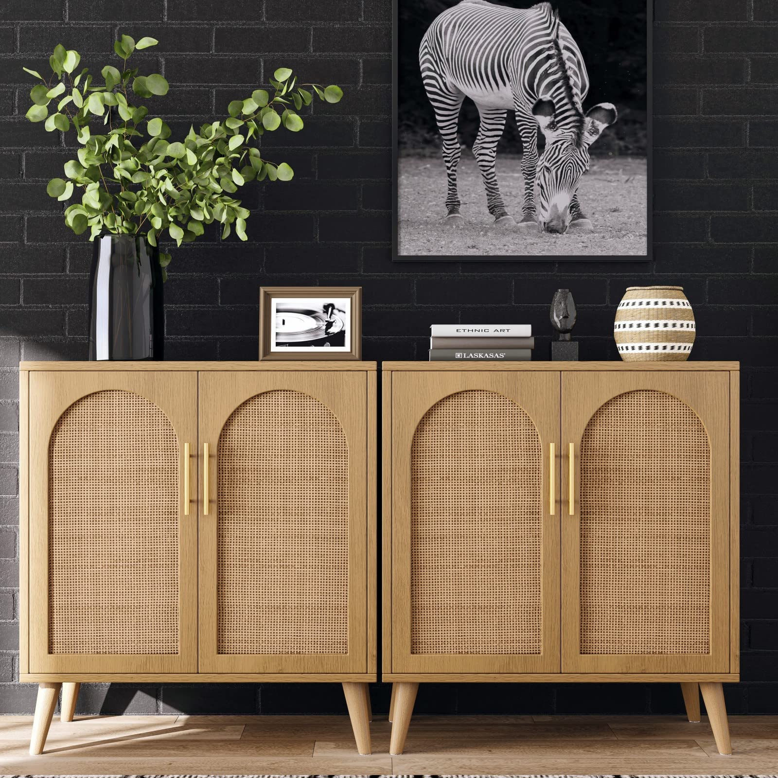 Rovaurx Rattan Storage Cabinet with Doors, Accent Bathroom Floor Cabinet, Modern Sideboard Buffet Cabinet for Living Room, Entryway, Dining Room and Kitchen, Natural BMGZ108M
