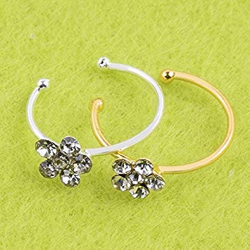 Qiaoying Silver Gold Thin Diamond Flower Clear Crystal Nose Ring Stud Hoop-Sparkly Crystal Nose Ring (2 pcs)