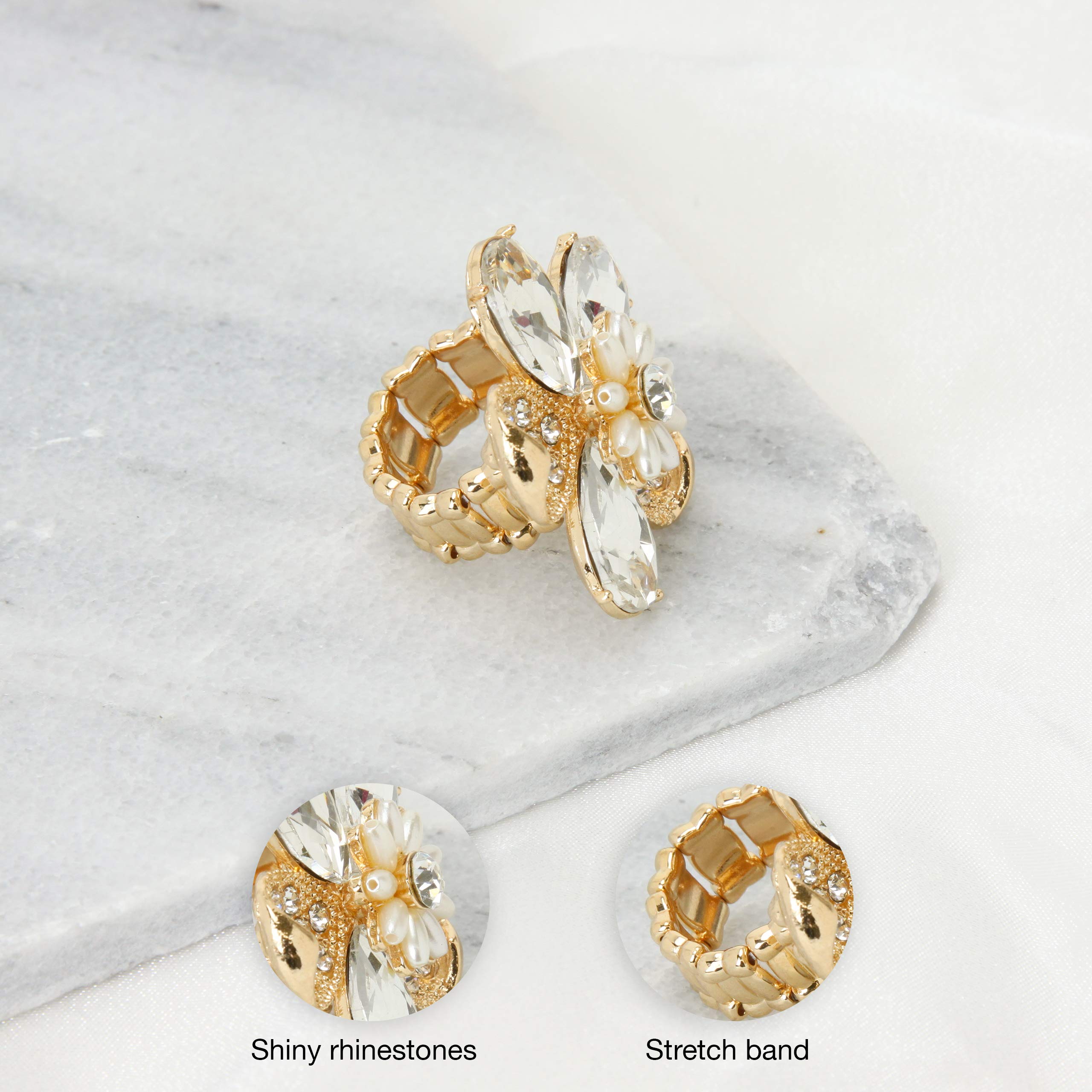 SP Sophia Collection Duchess Daisy Floral Bouquet Crystal Rhinestone Stretchable Fashion Gala Ring in Ginger Gold