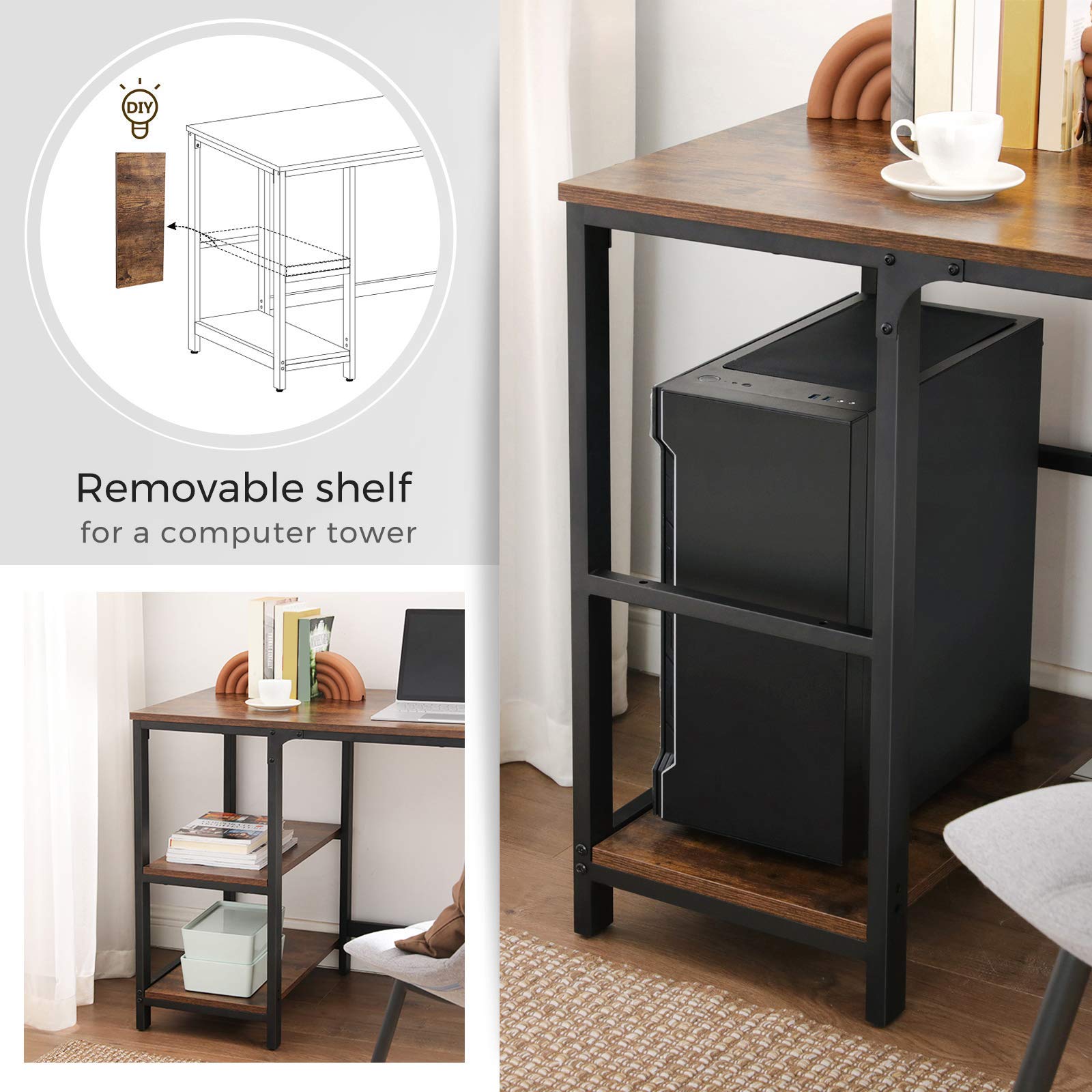 VASAGLE Computer Desk Bundle with Set of 2 Side Tables, Industrial Style Office Furniture Set with Stable Metal Frames, Shelving, Rustic Brown ULWD55X and ULET24X