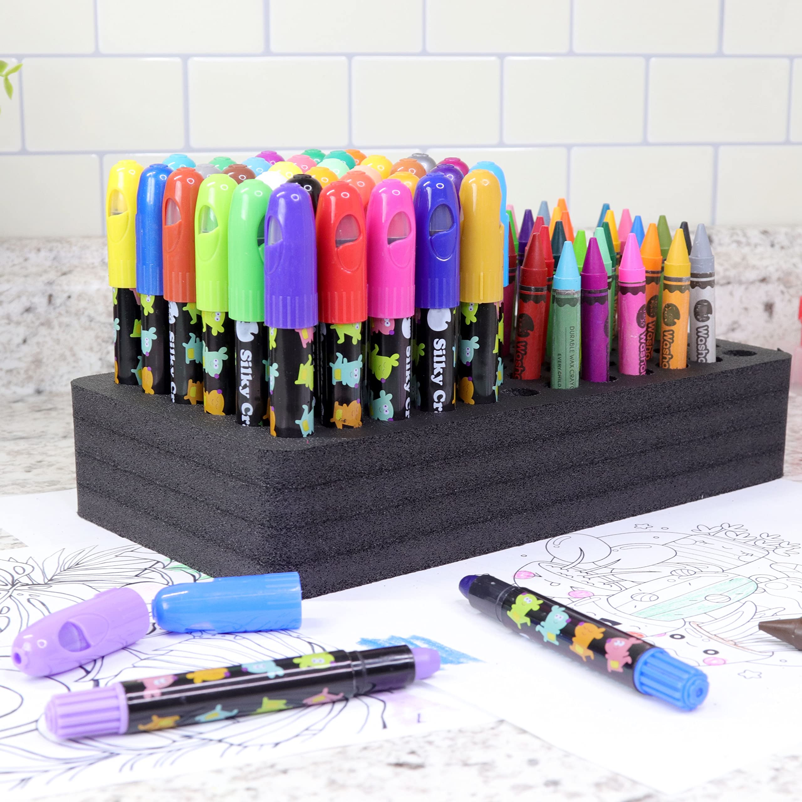 Polar Whale Jumbo Washable Crayon Desk Stand Organizer Compatible with Jar Melo and Others Design Storage Tray Supply Non-Scratch Non-Rattle Washable Durable Black Foam Holds 72