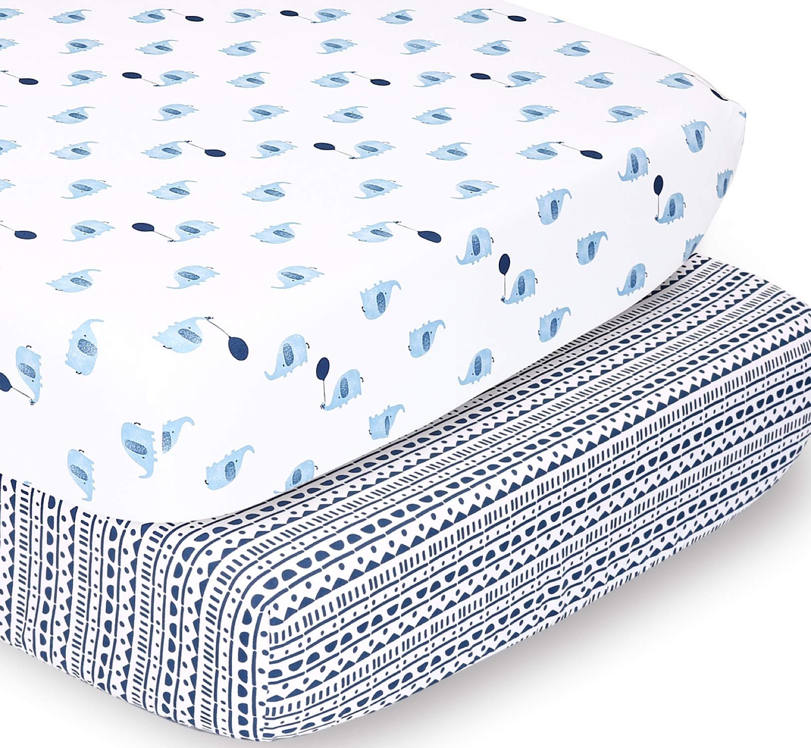 The Peanutshell Crib Sheet Set for Boys or Girls | Blue Elephant & Tribal Stripe | 2 Pack Set