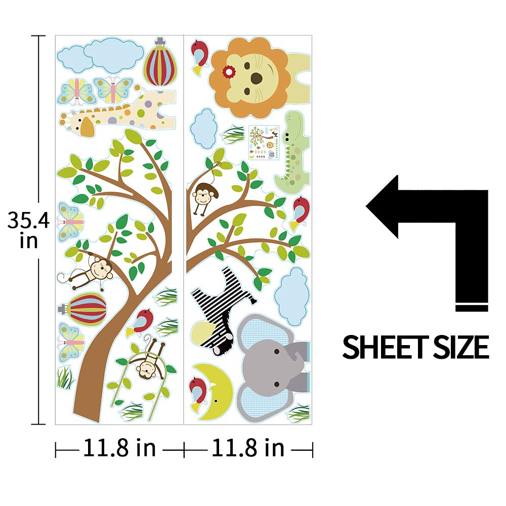 Supzone Jungle Tree Wall Stickers Pink Animal Wall Decals Removable for Girls Children's Room Nursery Bedroom Classroom Wall Decor