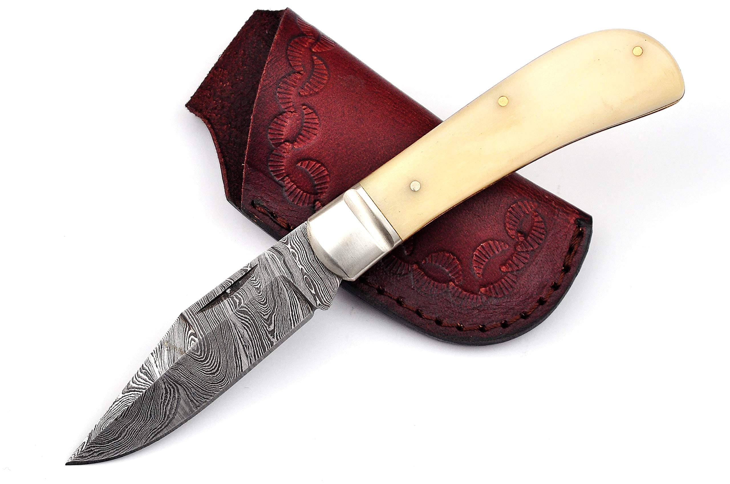 Zaildar Damascus Steel Pocket Knife - Handmade Folding Knife, EDC Knife, Hunting Knife, Camping Knife & Hiking Knife with Brass & Bone Handle & Leather Knife Sheath
