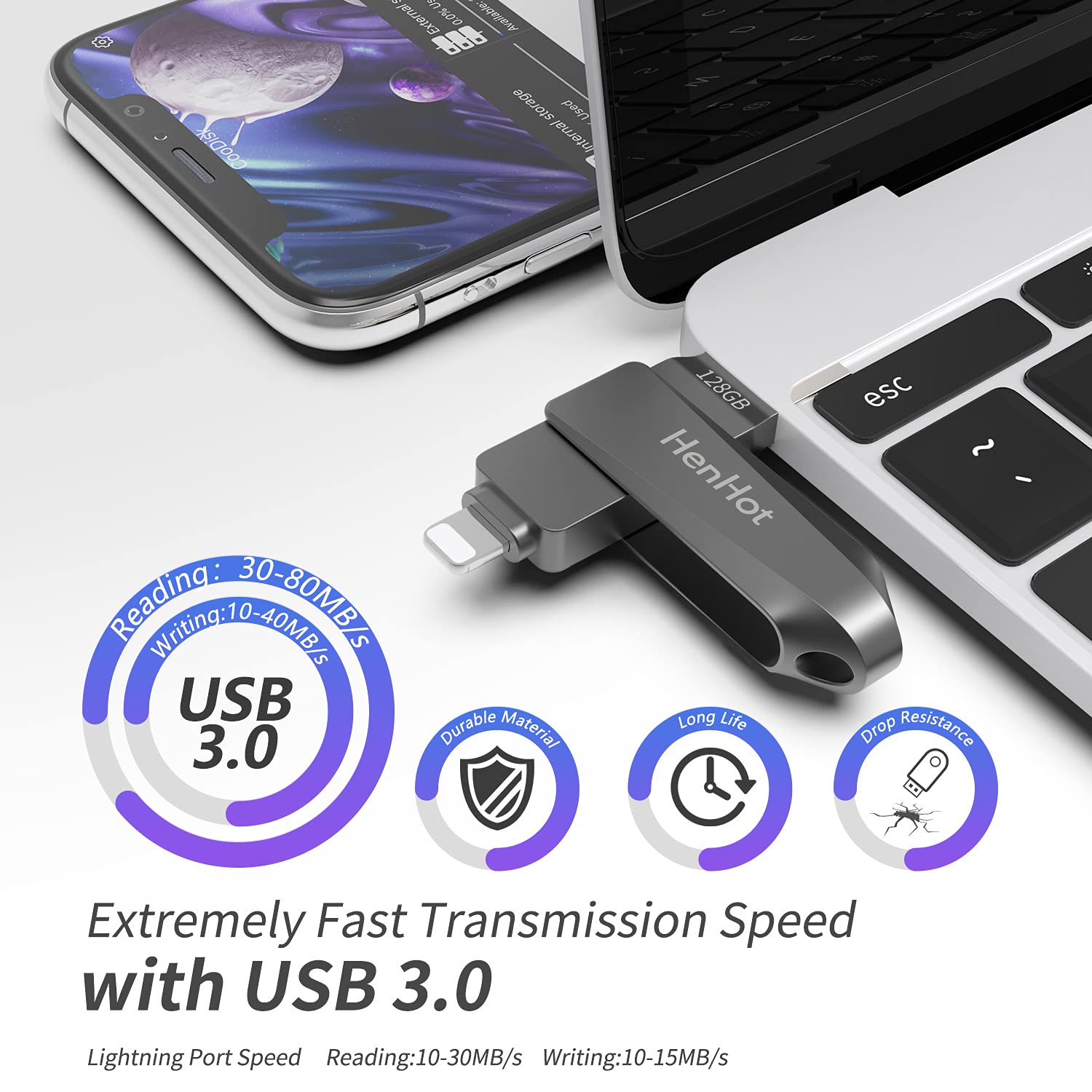 The Photo Stick for iPhone,HenHot 128GB USB 3.0 Thumb Drive Compatible for iPhone/iPad/Mac/PC,Flash Drive Memory Stick Support for Windows/Mac/iOS