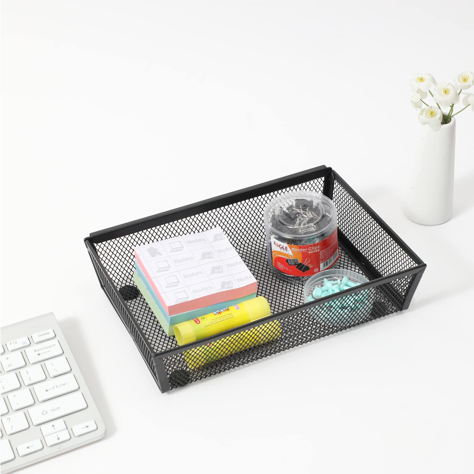YFEEN Mesh Tray Kitchen Drawer Utensil Cutlery Tray Office Supplies with Inter-locking Arm Drawer Dividers Organizer for Silverware, Flatware, Home,Office, School,Bedroom(9"X6"4pack) Black