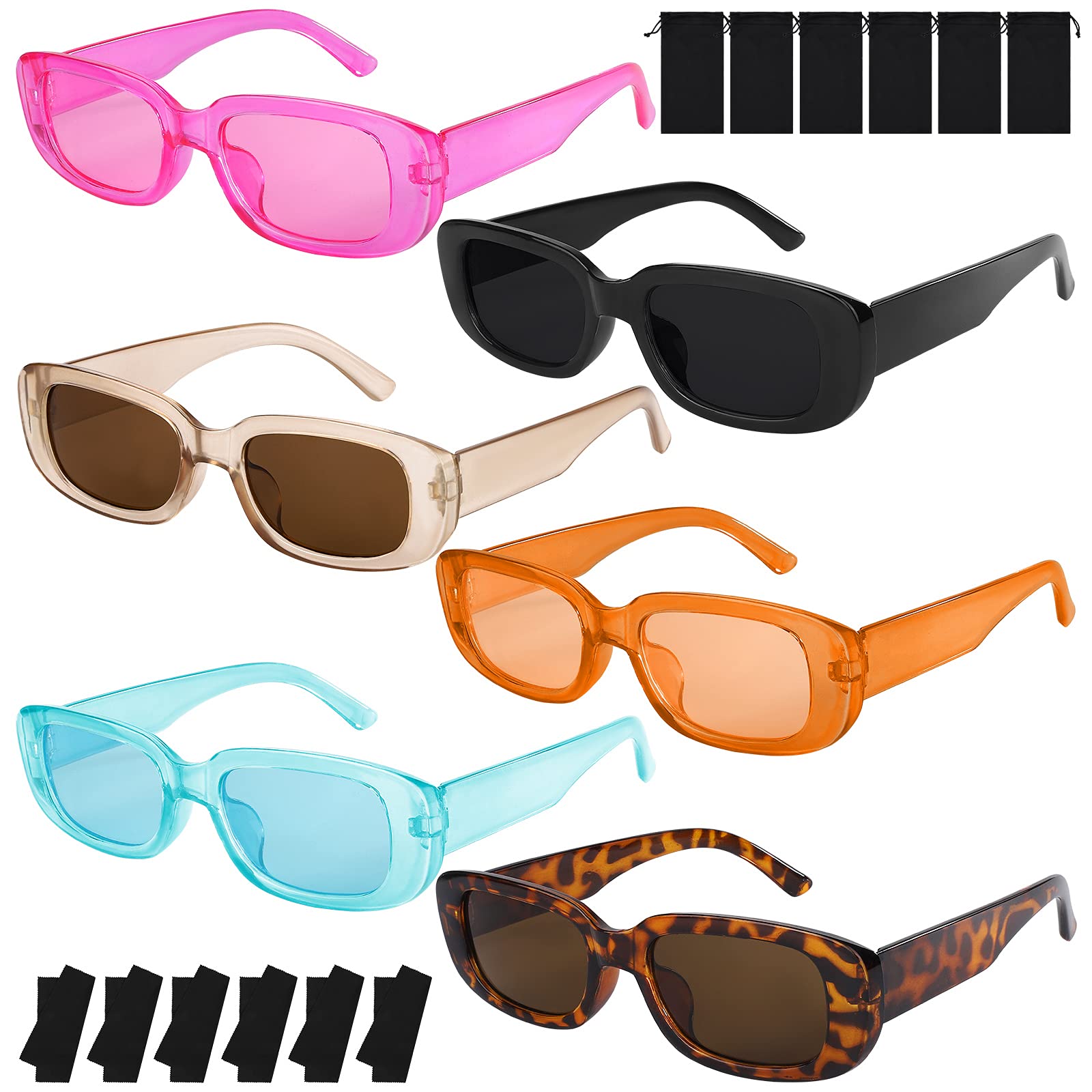 URATOT 12 Pack Small Rectangle Sunglasses Women Retro Glasses Vintage Square Eyewear Wide Frame Sunglasses with Storage Bag