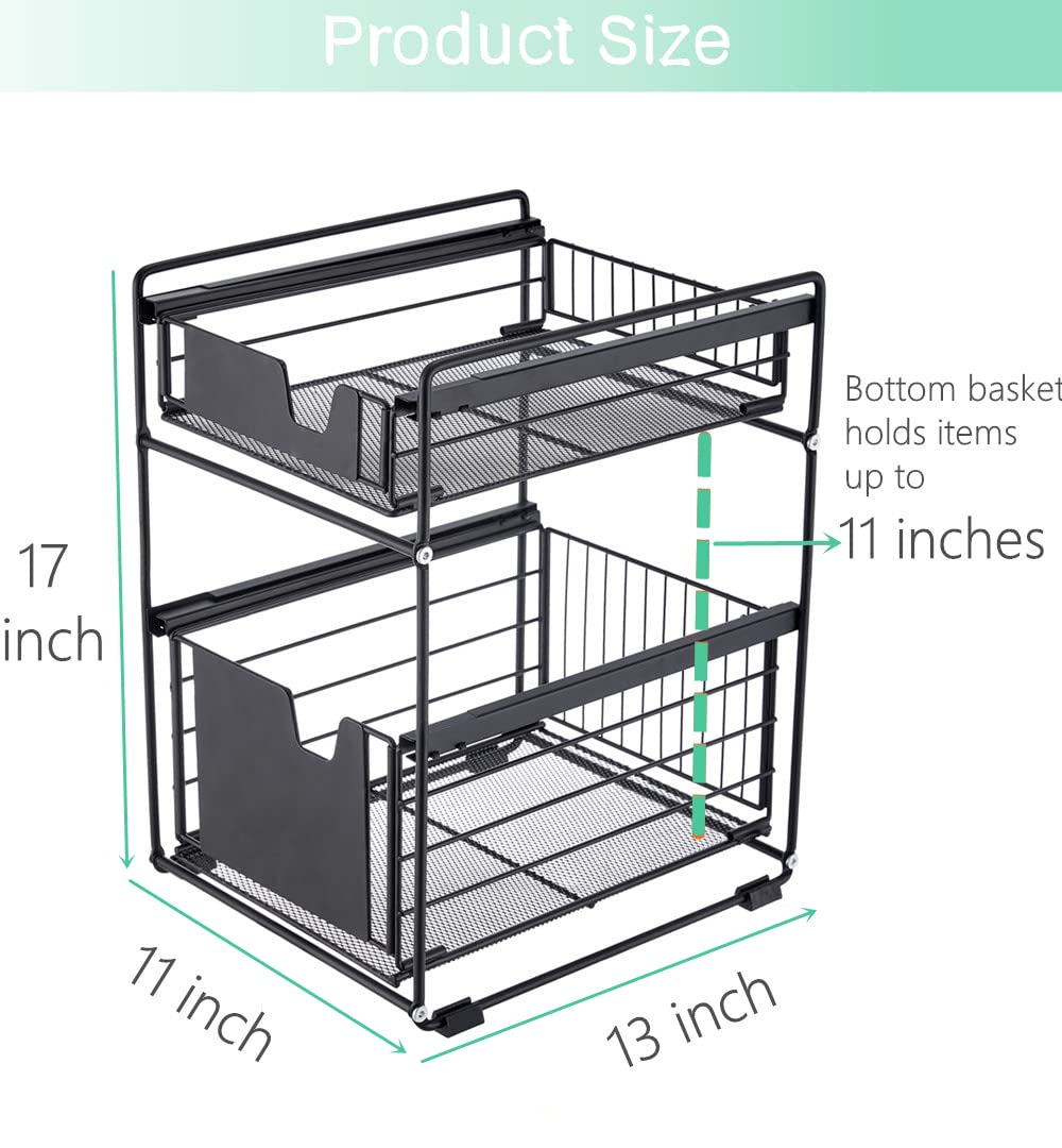 TidyEasy Under Sink Organizer 2-Tier,L-Shaped Cabinet Storage shelf with Sliding Drawer,Pull Out Home Organizers for Kitchen Bathroom (Large, Black)