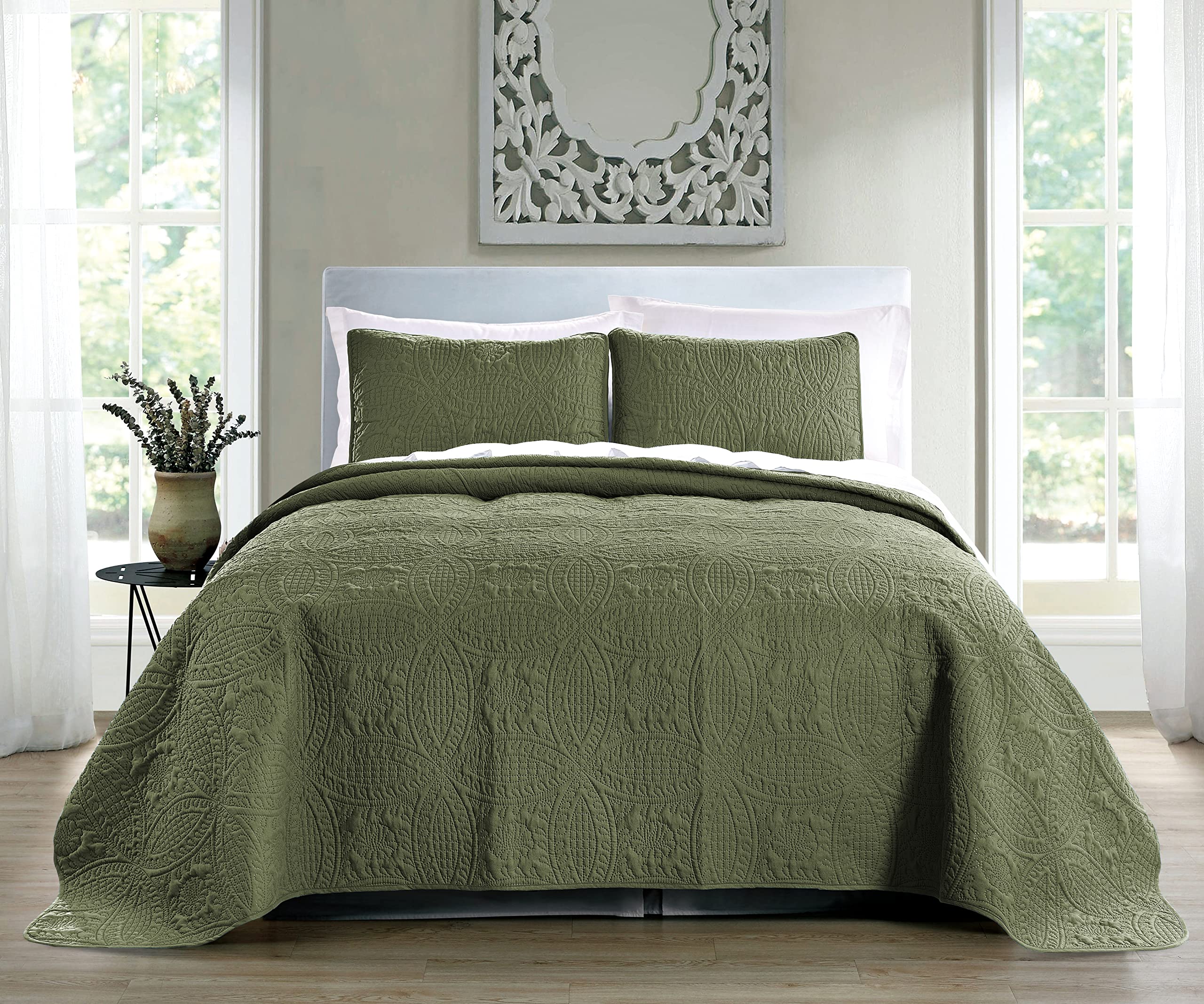 Quilt Set King/Cal King/California King Size Olive Green - Oversized Bedspread - Soft Microfiber Lightweight Coverlet for All Season - 3 Piece Includes 1 Quilt and 2 Shams, Geometric Pattern