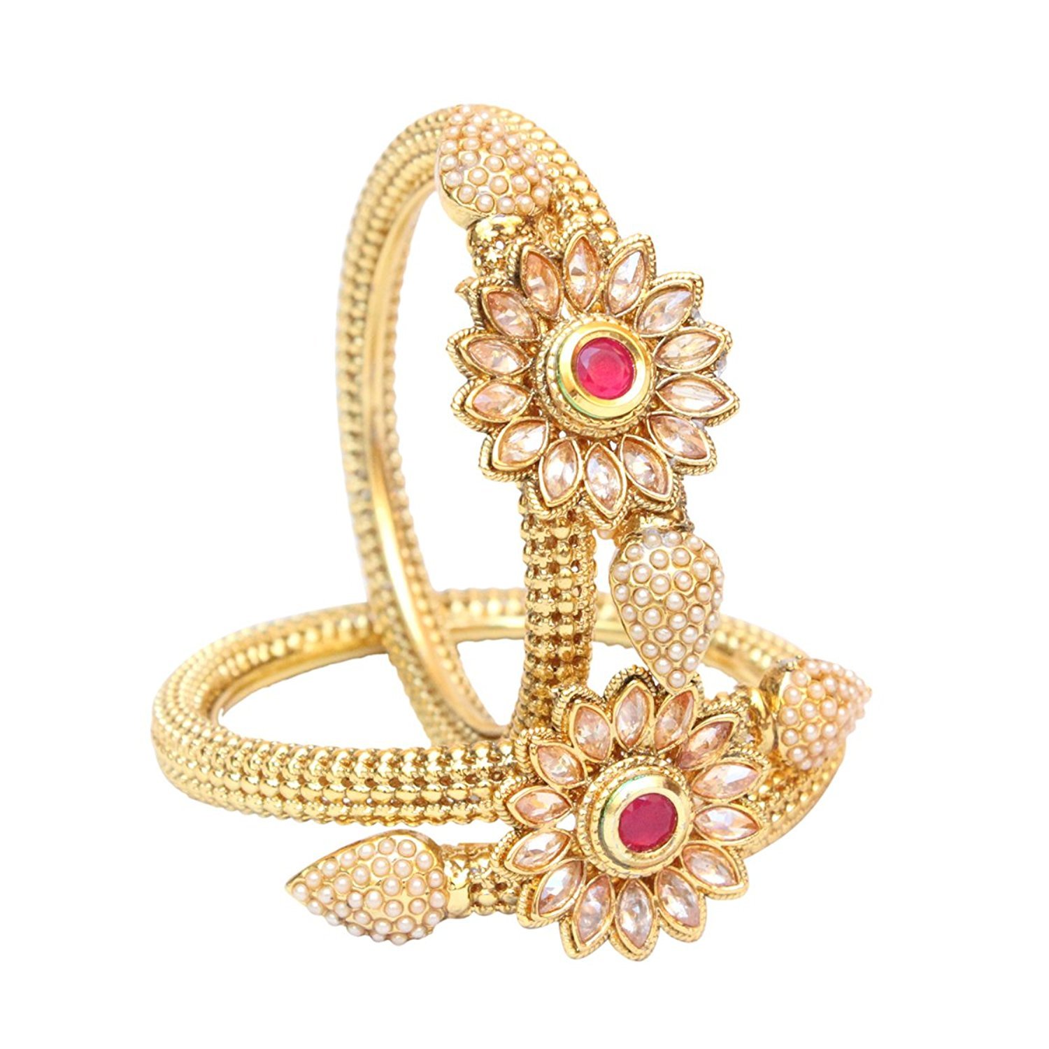 RATNA Indian Traditional gold plated Ruby Flower Design Bridal Polki bangle set women Wedding jewelry (2.6)