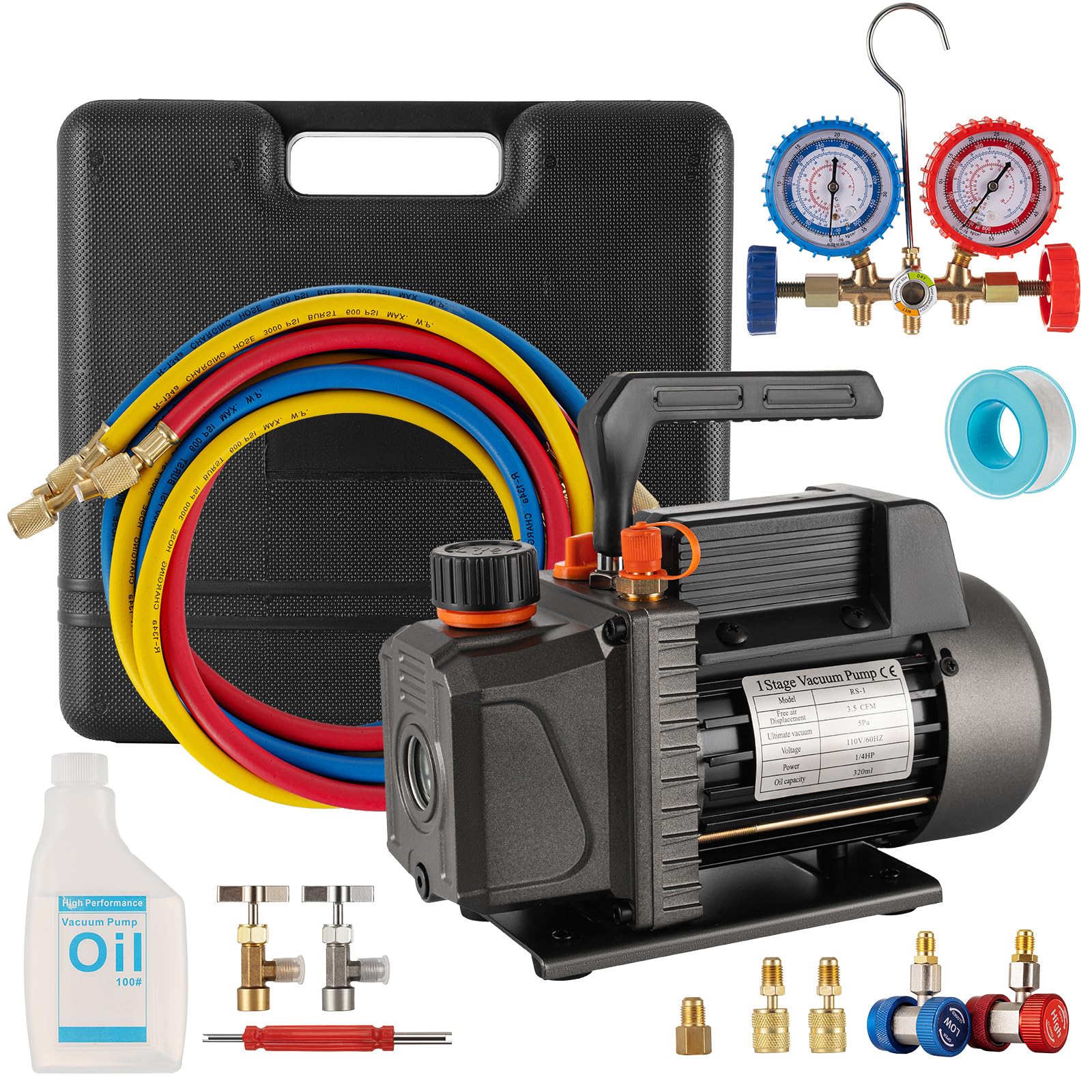 SHZOND Vacuum Pump 3.5CFM 1/4HP Single Stage Air Vacuum Pump HVAC with R134A R410A Kit AC A/C Manifold Gauge Set